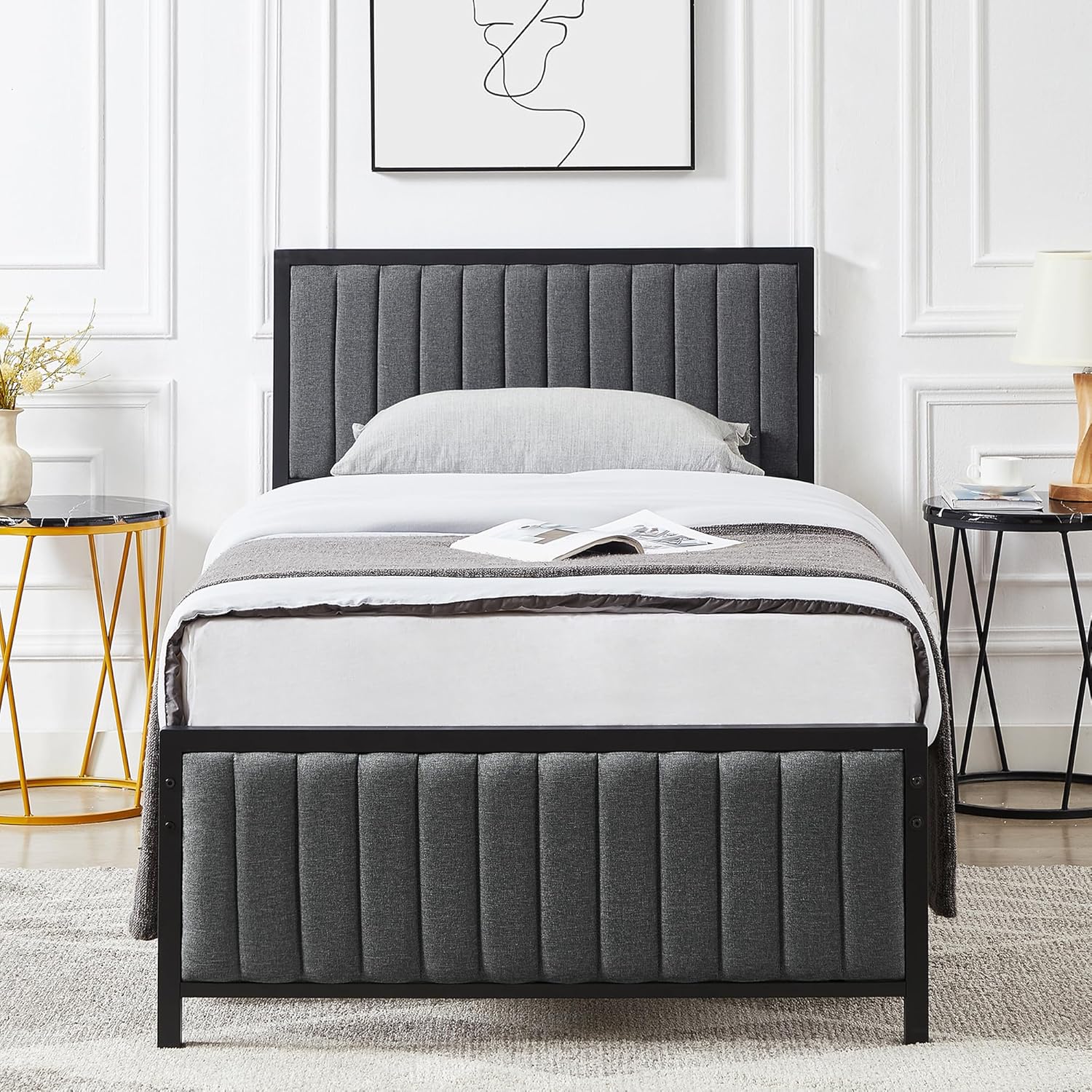 VECELO Twin Bed Frame with Upholstered Tufted Headboard & Footboard ...