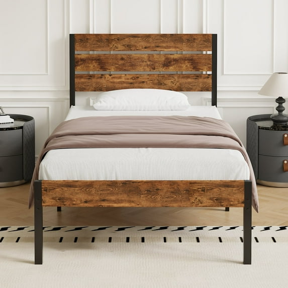 VECELO Rustic Twin Bed Frame, Wooden Headboard, Strong Metal Slats, No ...