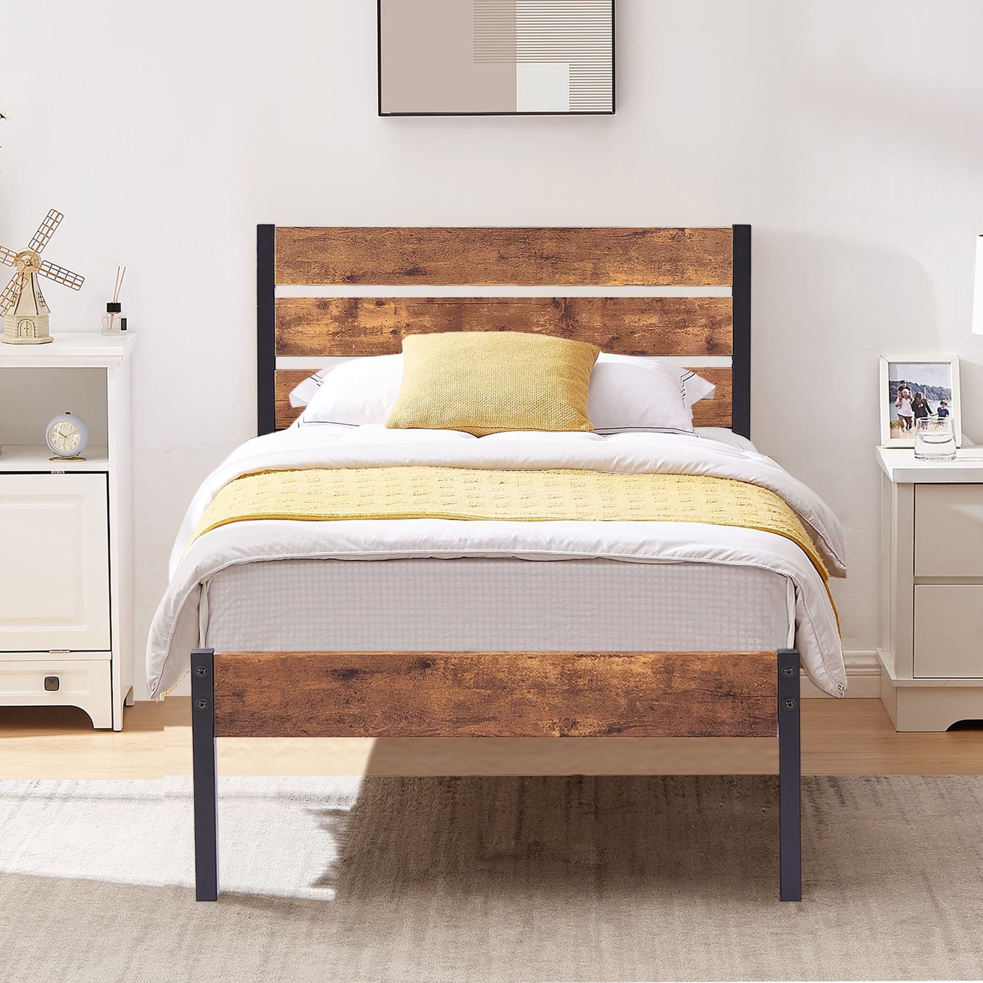 VECELO Rustic Twin Bed Frame, Wooden Headboard, Strong Metal Slats, No ...