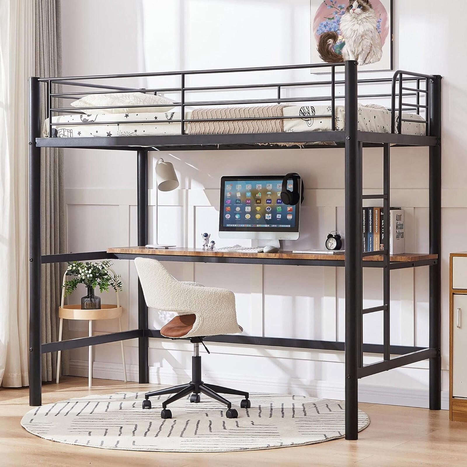 VECELO Twin Metal Loft Bed Frames with Desk, Ladder and Guardrails ...
