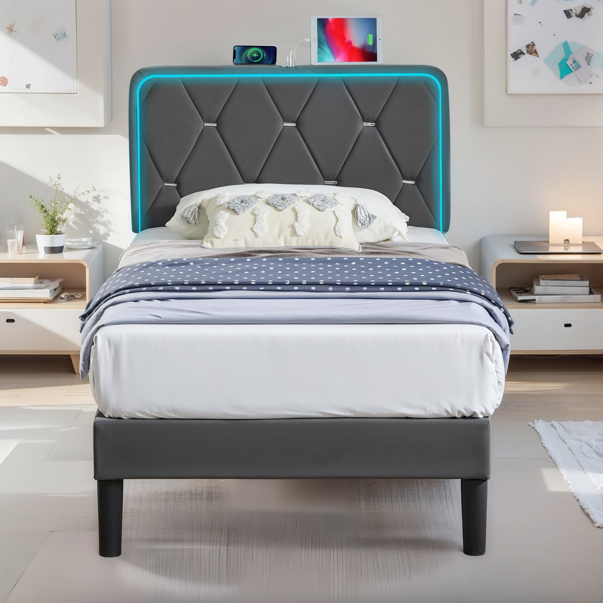 VECELO Twin Size Bed Frame with LED Light, Modern Upholstered Platform ...