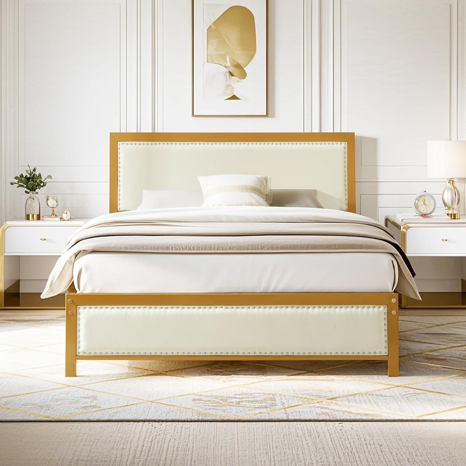 VECELO Twin Size Bed Frame with Linen Fabric Upholstered Headboard and ...