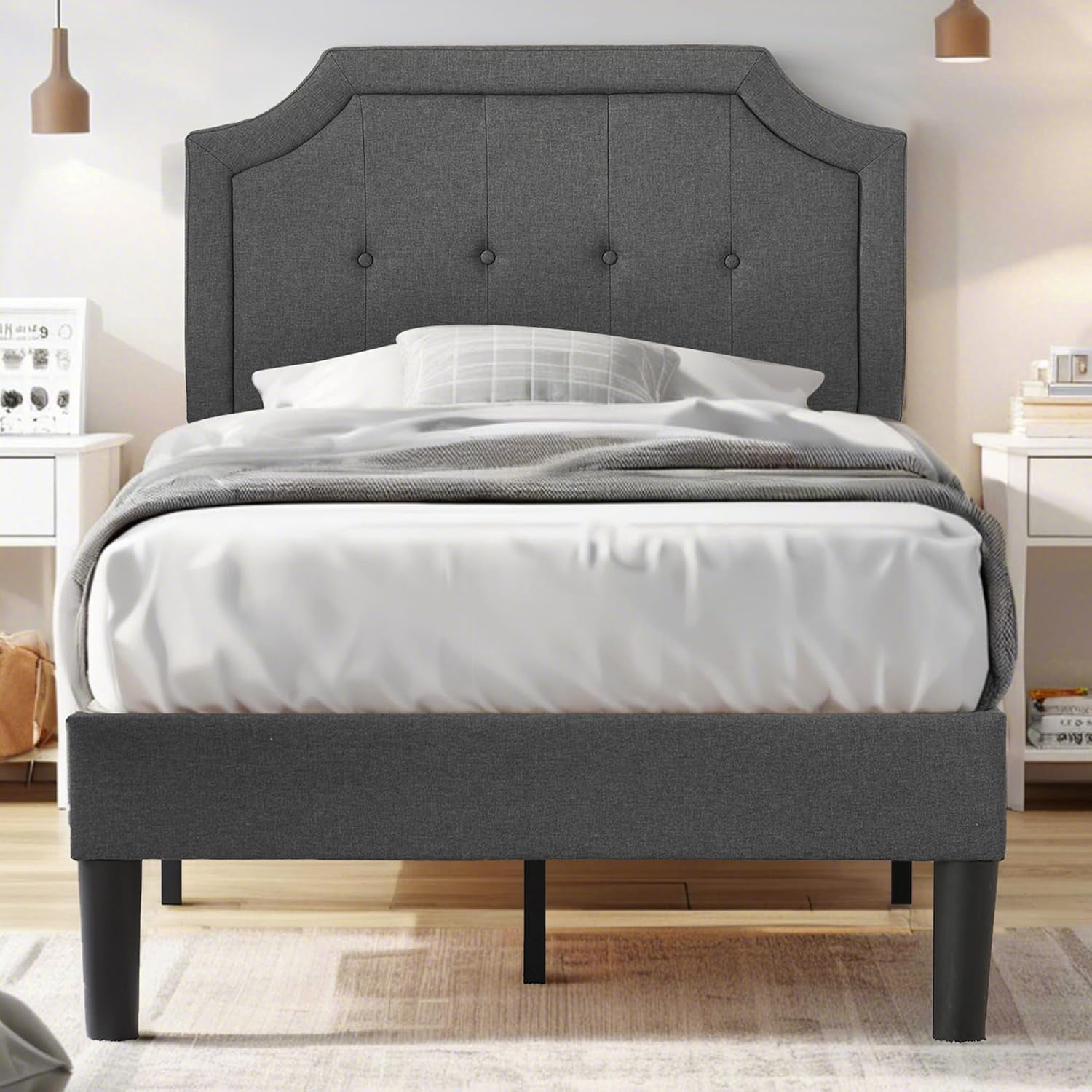 VECELO Twin Size Bed Frame Upholstered Platform with Tufted Adjustable ...