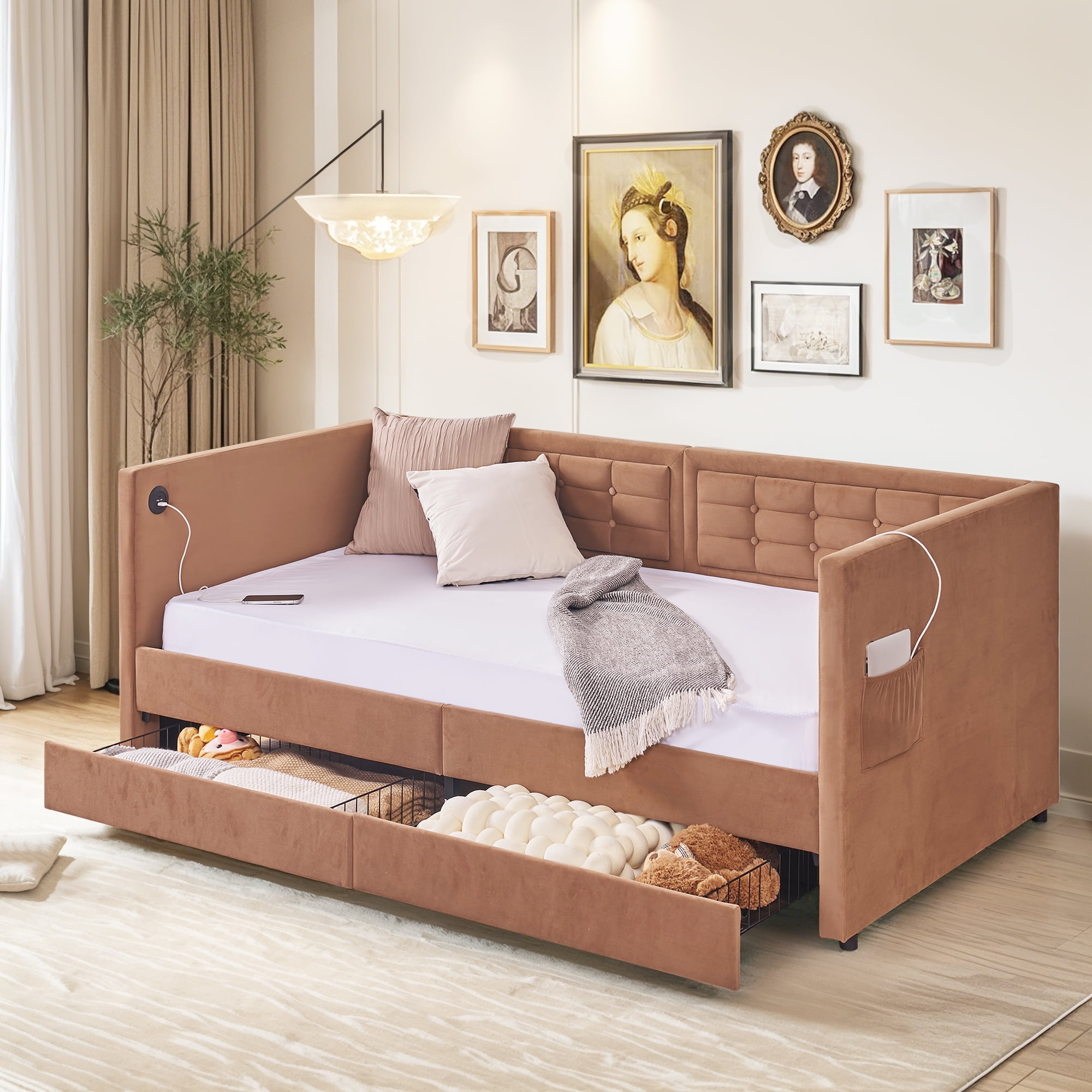 VECELO Upholstered Daybed with Storage Drawers, Twin Size Daybed with ...