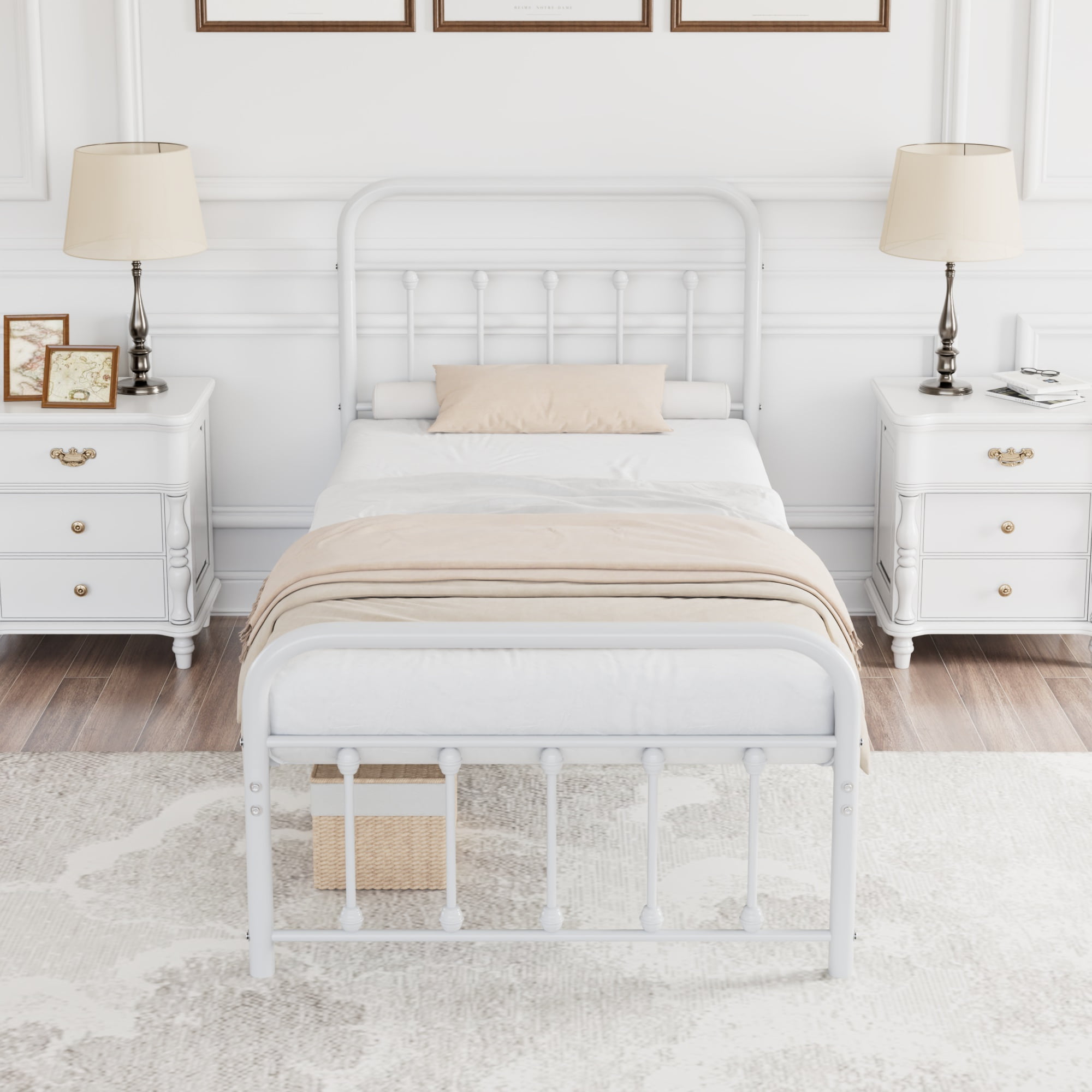 "VECELO Twin Size White Metal Bed Frame, Headboard and Footboard, Heavy ...