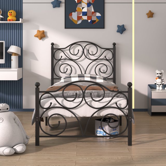 Vecelo Twin Size Platform Iron Bed Frame With Decorative Headboard