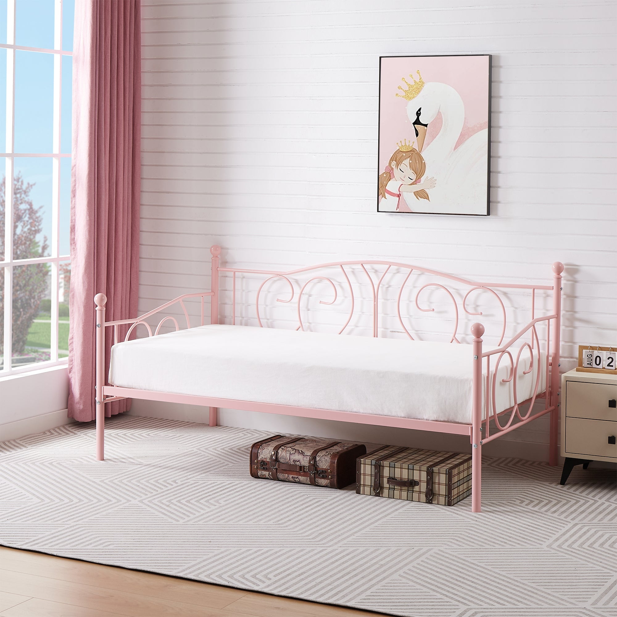 VECELO Twin Size Metal Daybed, Pink, Headboard, Metal Slats, Easy ...