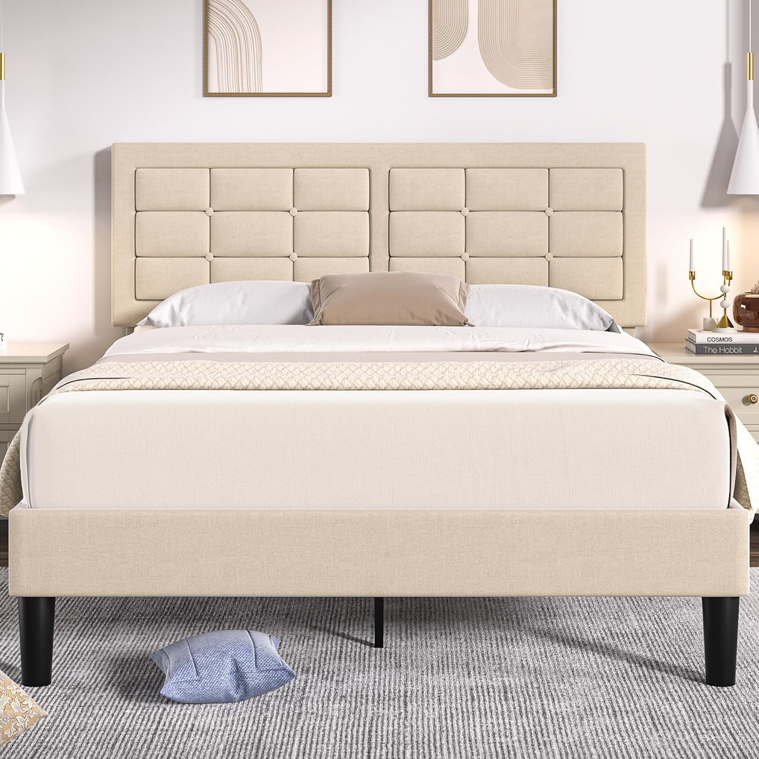 VECELO Twin Size Upholstered Bed Frame with Height Adjustable Fabric ...