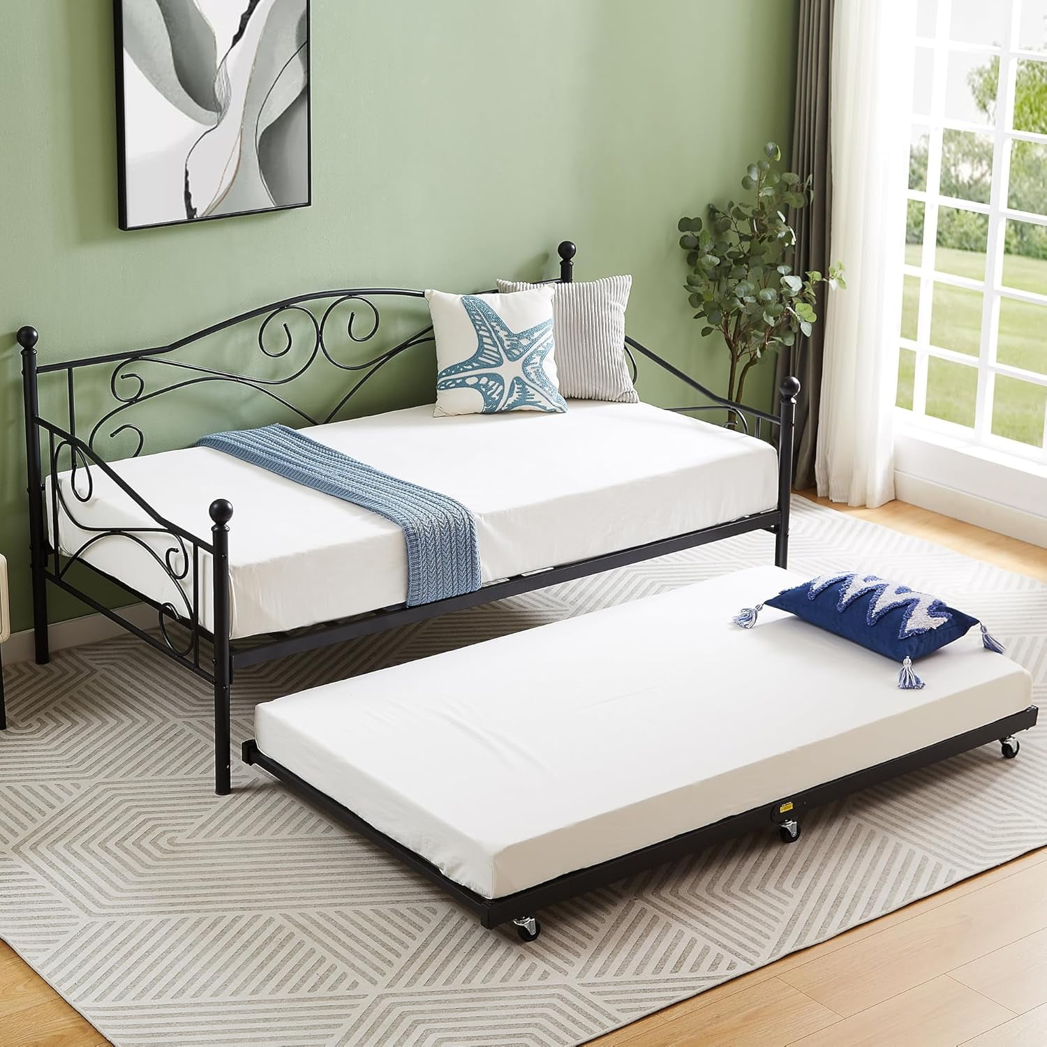 VECELO Twin Trundle Bed Frame Only/Roll Out/Enhanced & Up-Graded Metal ...