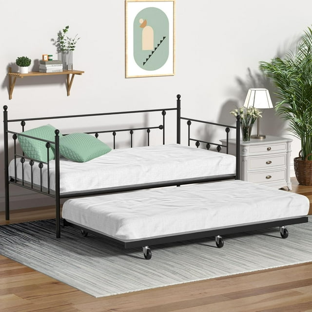 VECELO Twin Trundle Bed Frame Only/Roll Out/Enhanced & Up-Graded Metal ...