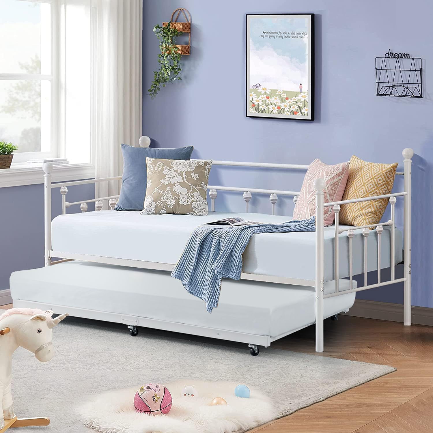VECELO Twin Trundle Bed Frame Only/Roll Out/Enhanced & Up-Graded Metal ...