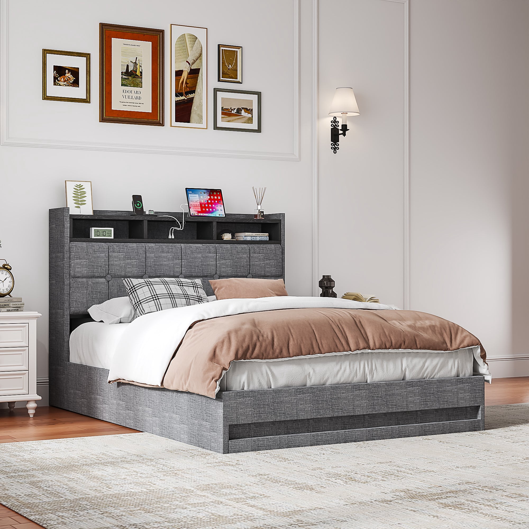 VECELO Upholstered Bed Frame with Outlets and USB Ports, Modern Button ...