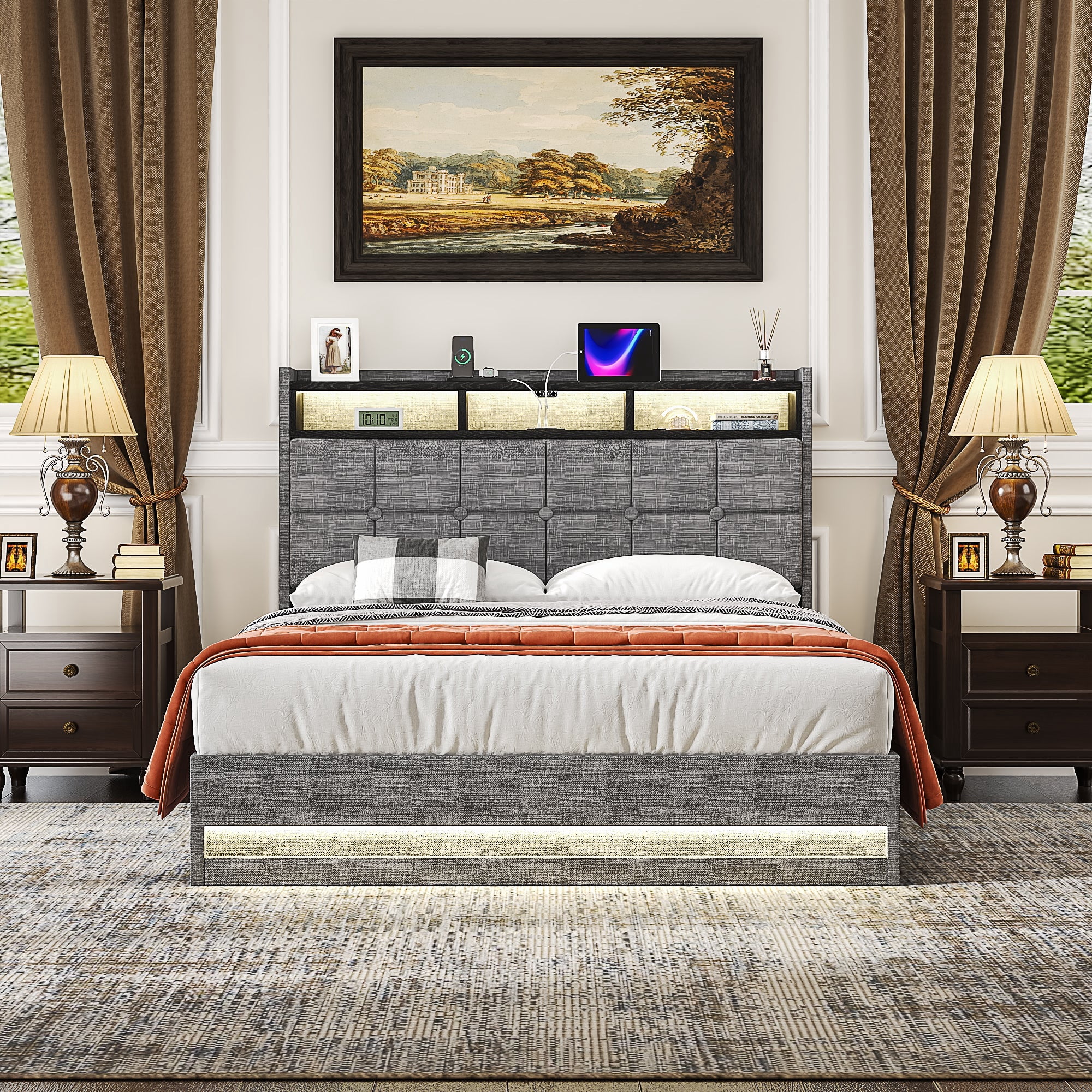 VECELO Upholstered Bed Frame with Outlets and USB Ports, Modern Button ...
