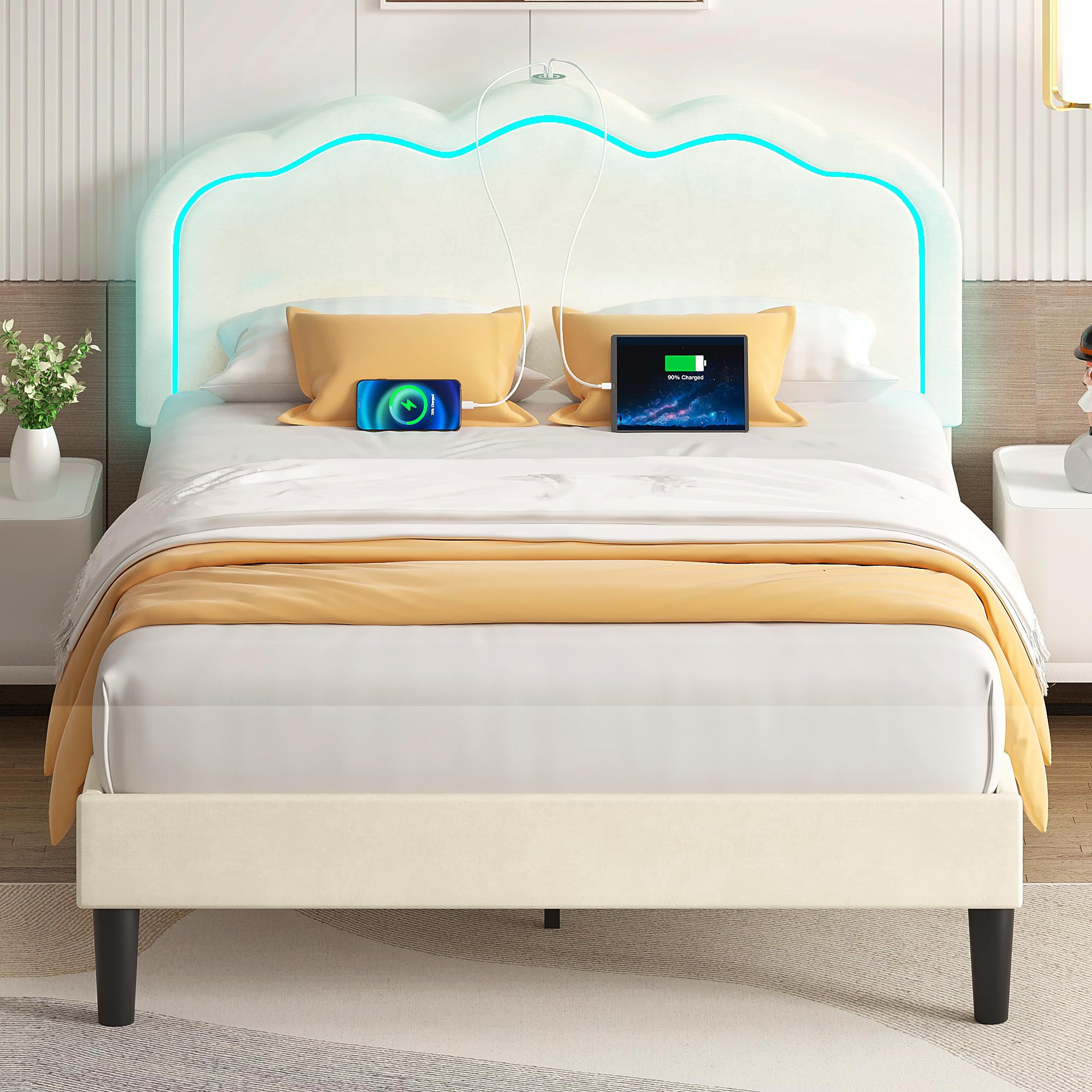 VECELO Upholstered Full Bed Frame with Headboard Adjustable, LED Lights ...