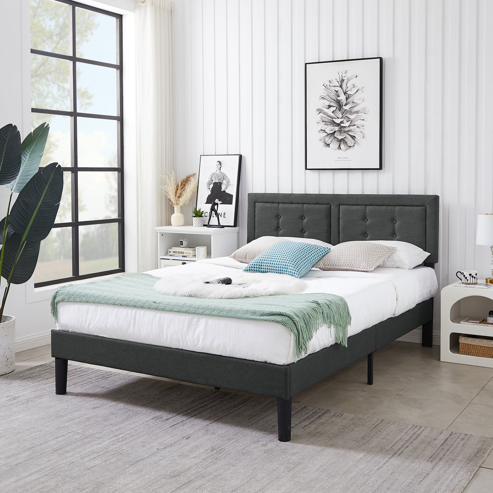 VECELO Upholstered Platform Bed Frame with Height Adjustable Headboard ...