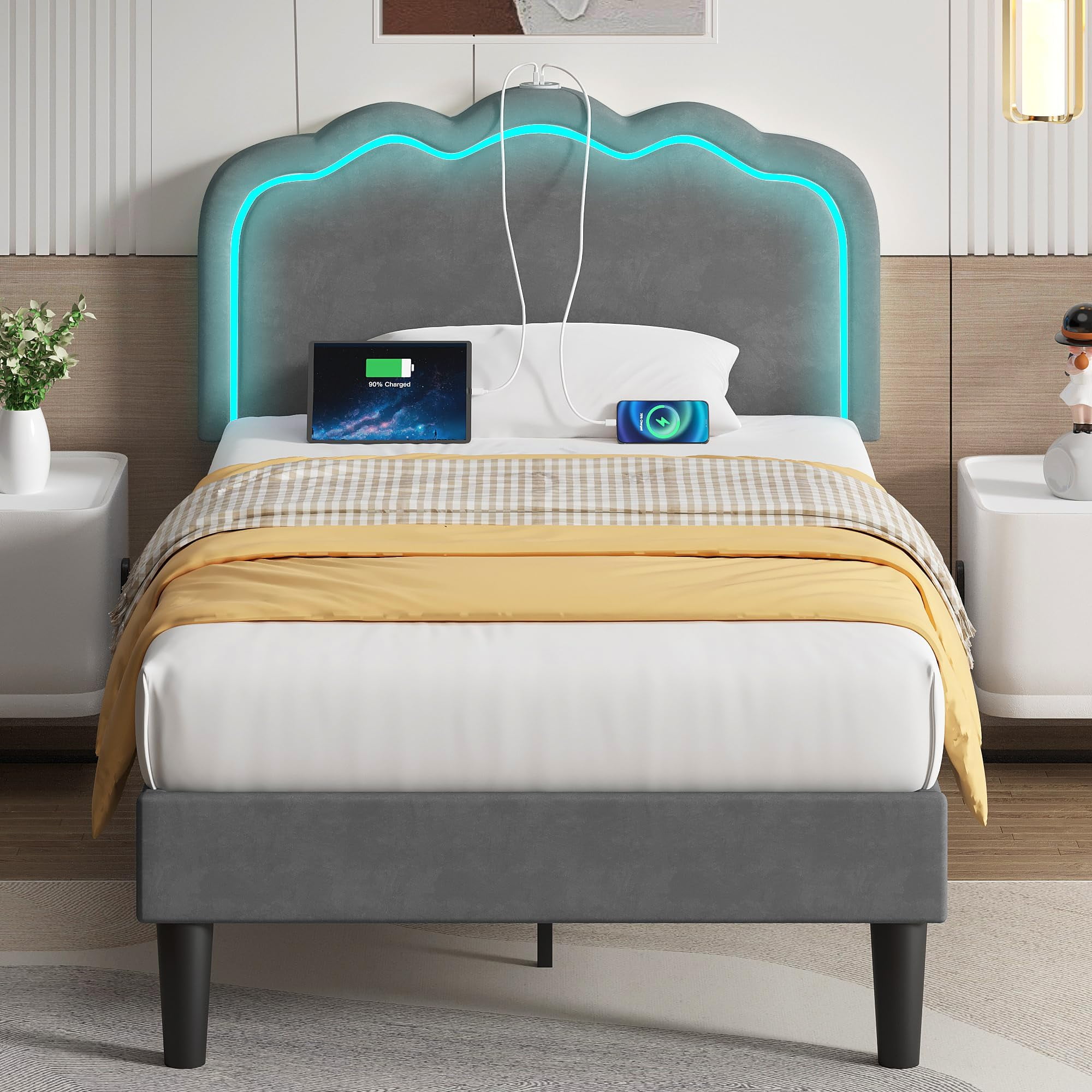 VECELO Upholstered Twin Size Bed Frame with Headboard Adjustable, LED ...