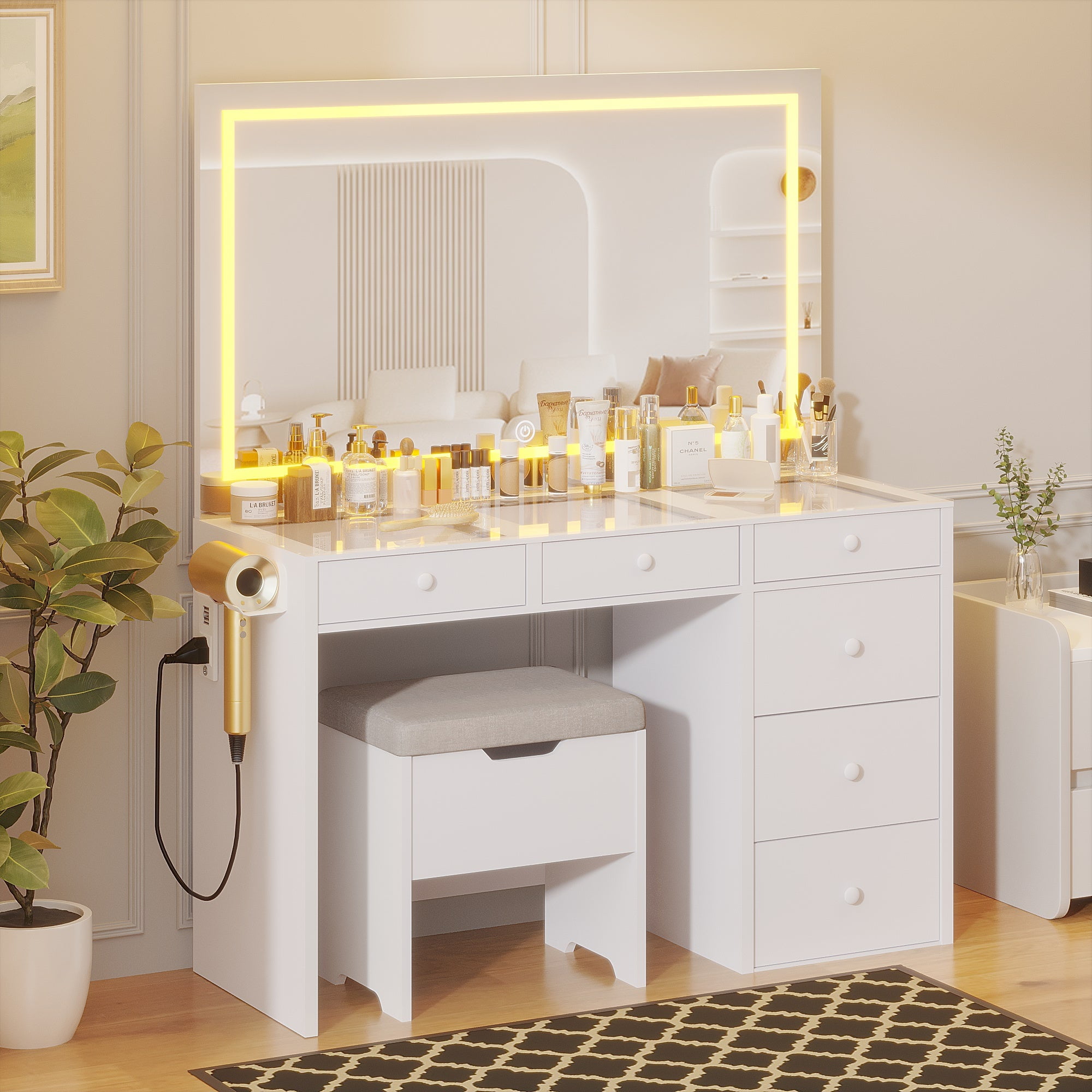VECELO Vanity Desk with LED Lighted Mirror & Power Outlet, Makeup Table ...
