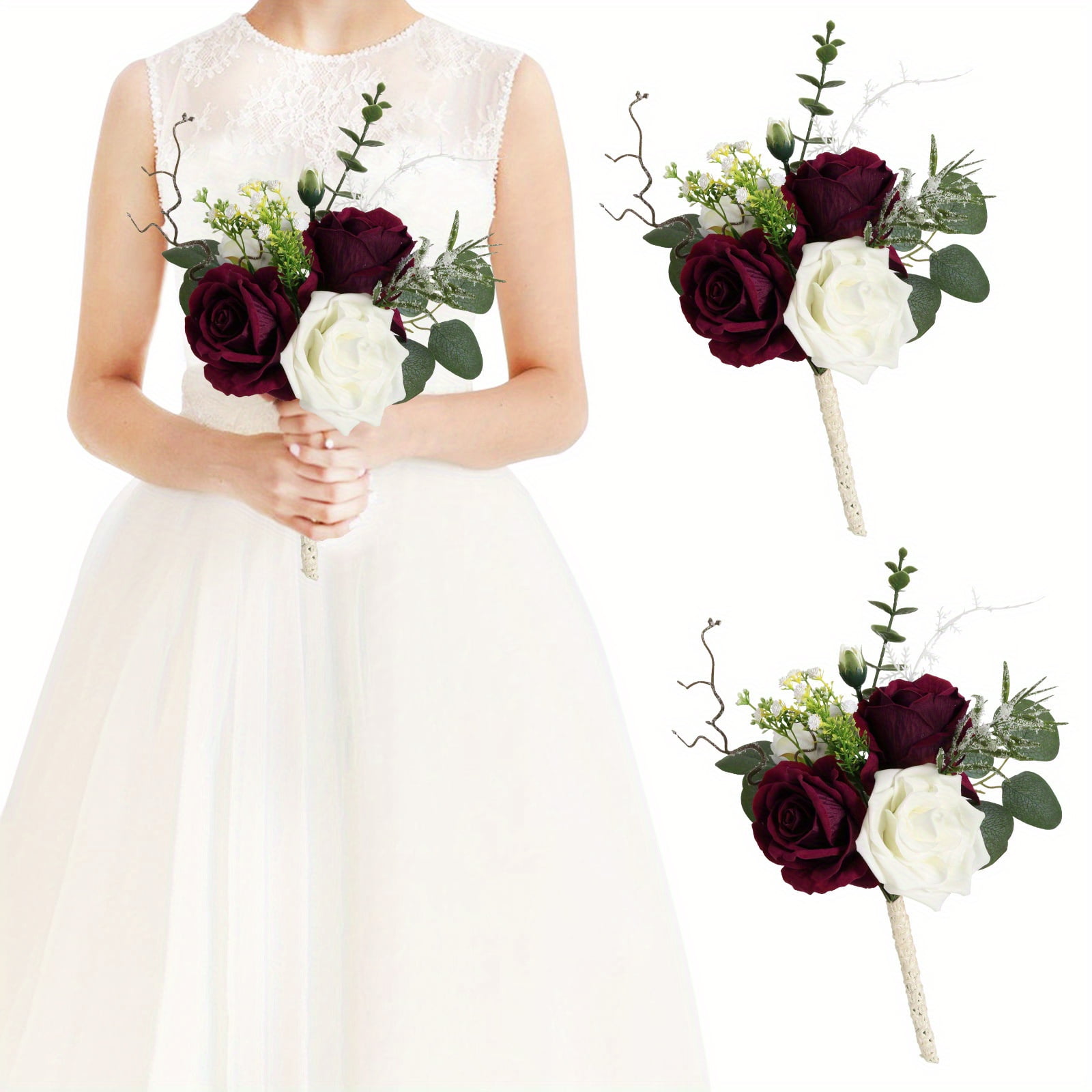 VECPIO 2PCS Exquisite Burgundy Artificial Silk Wedding Bouquets for ...