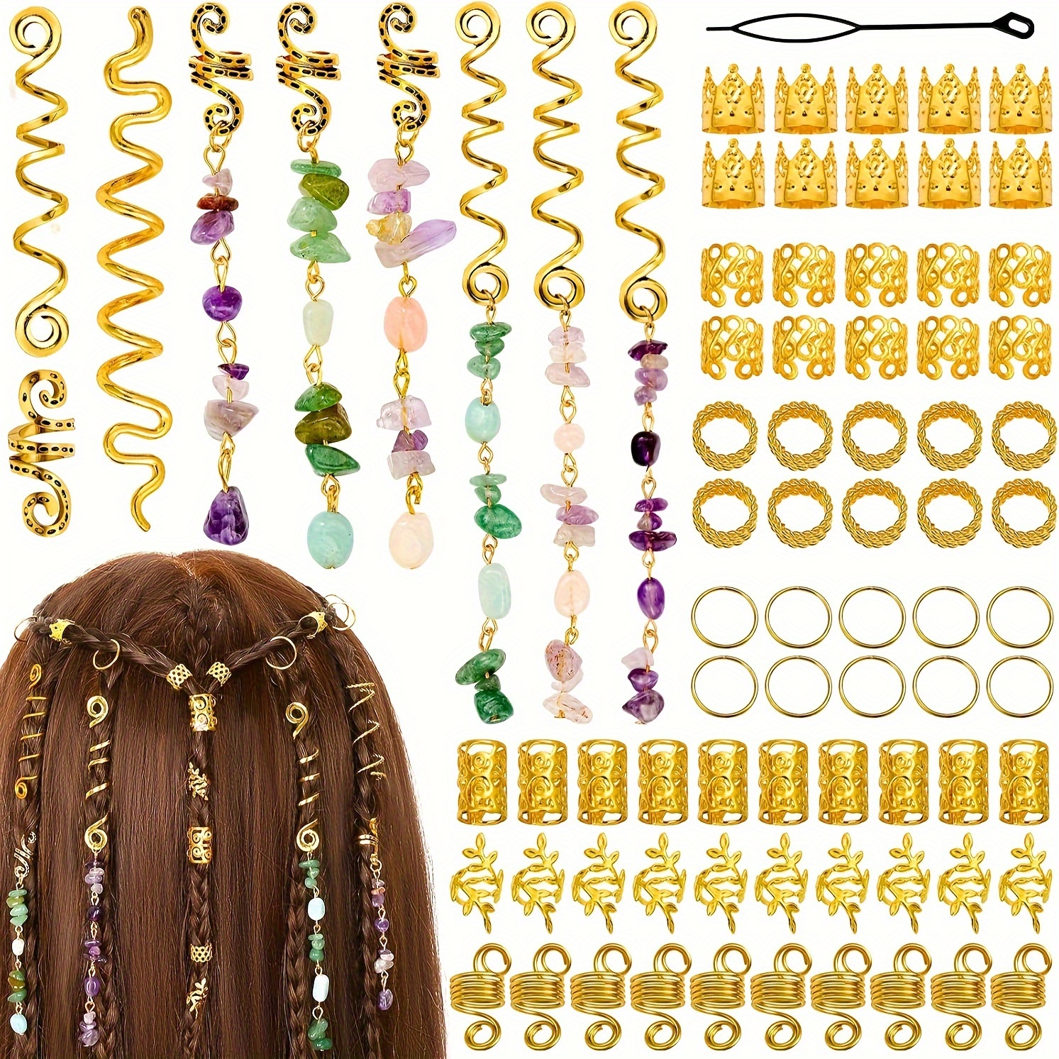 VECPIO Alloy Hair Braiding Rope Set With Natural Stone Pendants ...