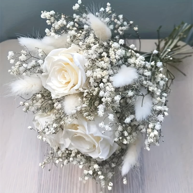 VECPIO Boho Wedding Bridal Bouquet with Artificial Roses Baby‘s Breath ...