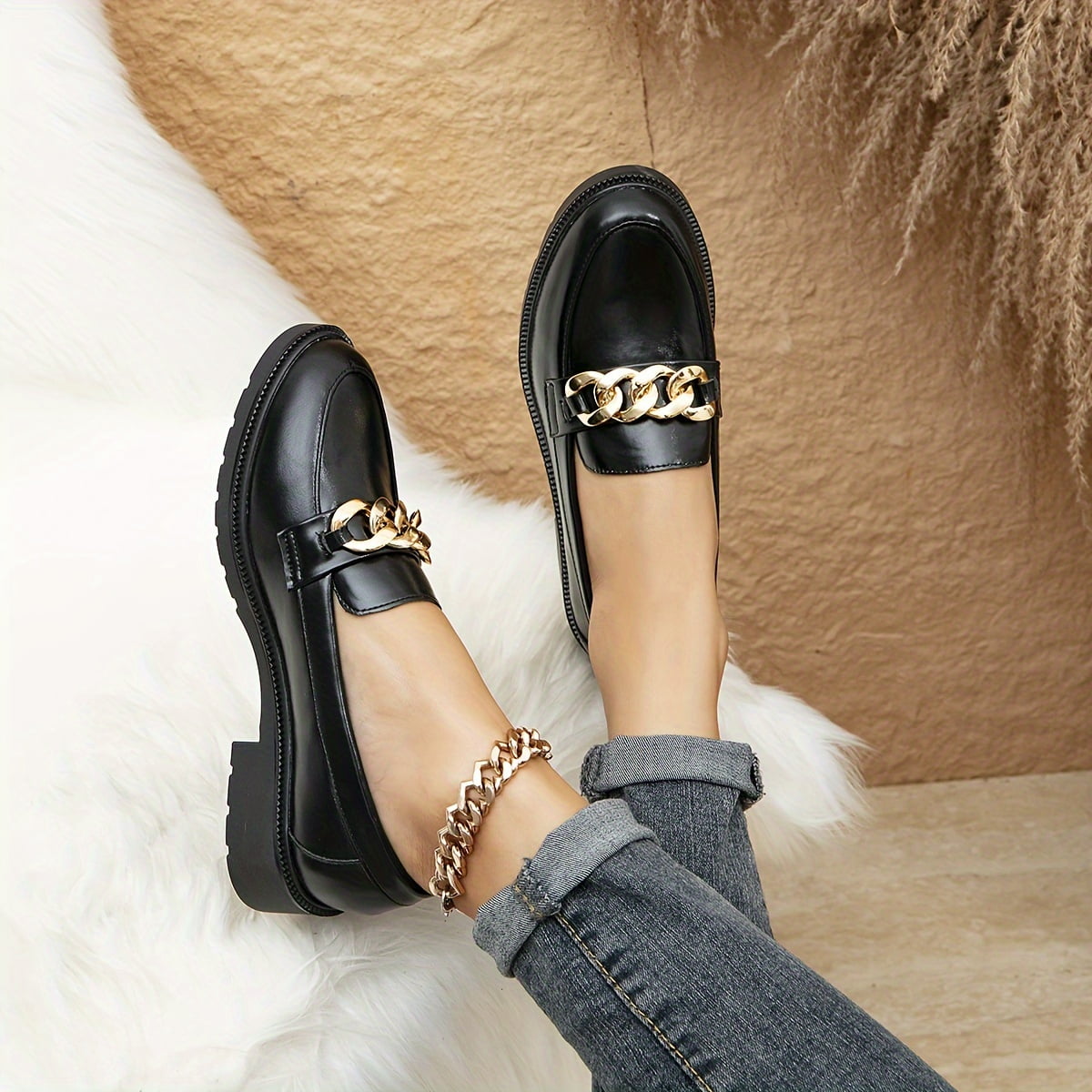 VECPIO Elegant Comfort Women‘s Loafers – Metallic Chain Detail ...