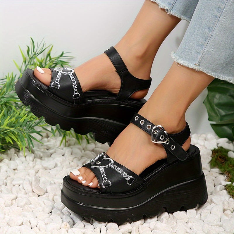 VECPIO Gothic Punk Platform Wedge Sandals Open-Toe with Heart Chain ...