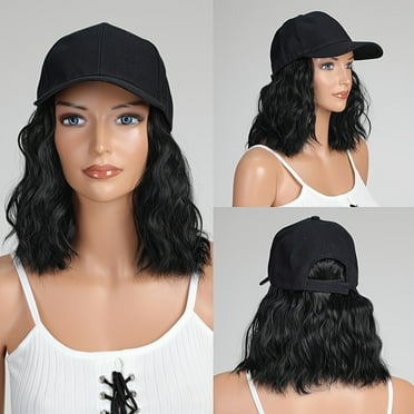 SEGO Baseball Cap Wigs for Women Black Hat With Bob Hair Extensions ...