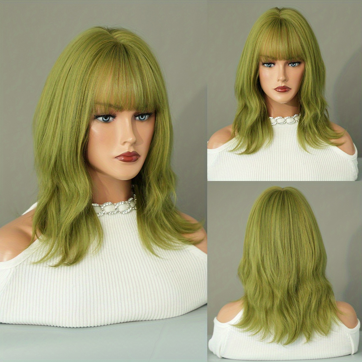 VECPIO Synthetic Silver Ash Wavy Hair Wig With Bangs Natural Soft Body ...