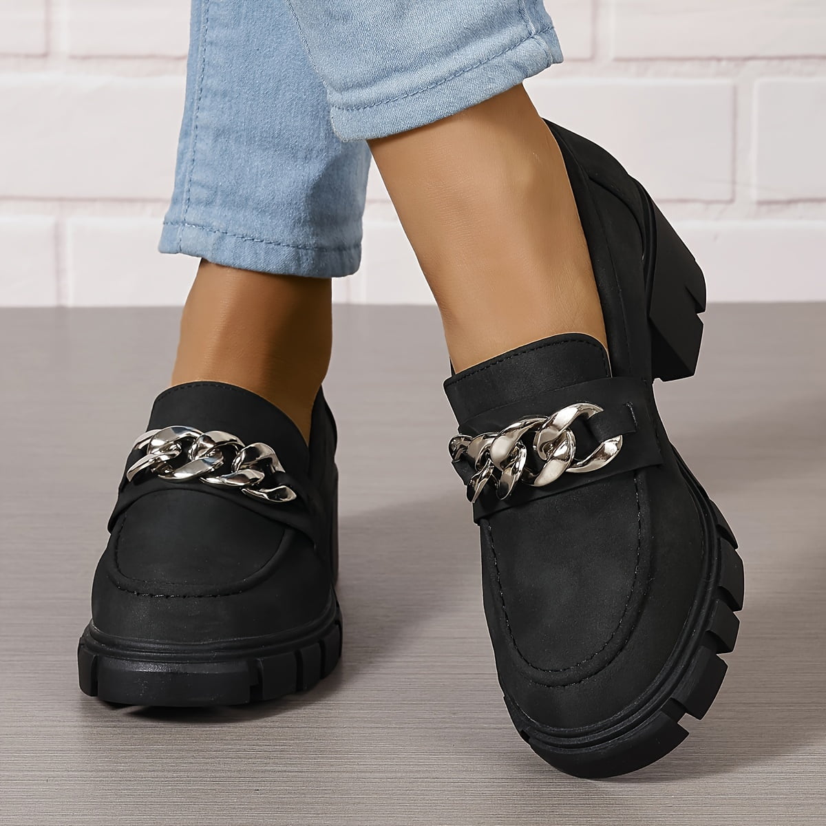 VECPIO Women‘s Chain Decor Platform Loafers Solid Color Round Toe ...