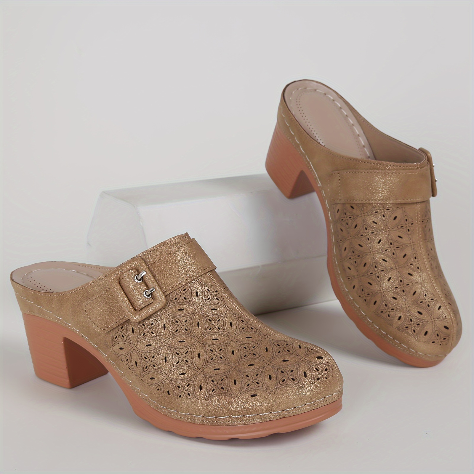 VECPIO Women‘s Chunky Heeled Mules Buckle Strap Perforated Closed Toe ...