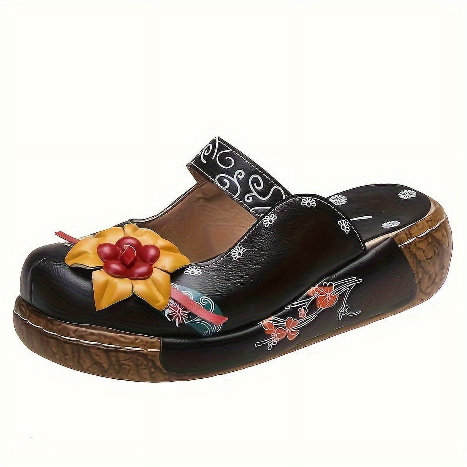 VECPIO Women‘s Tribal Style Flower Platform Mules - Floral Print Wedge ...