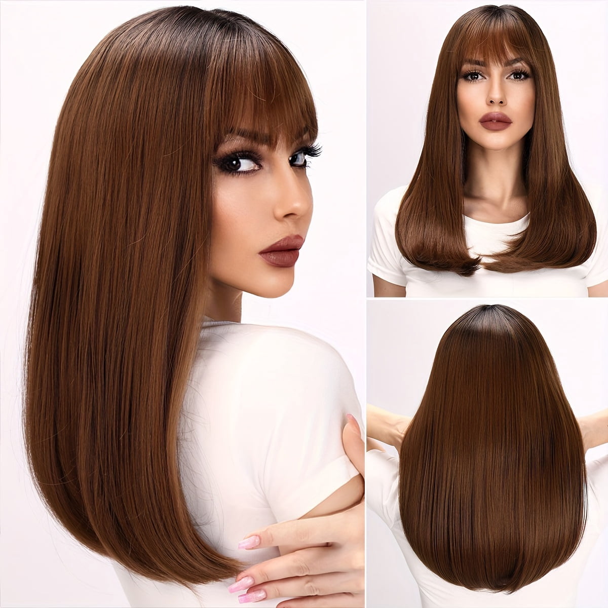 VECPIO fashionable and elegant brown synthetic fiber bangs curly wig ...