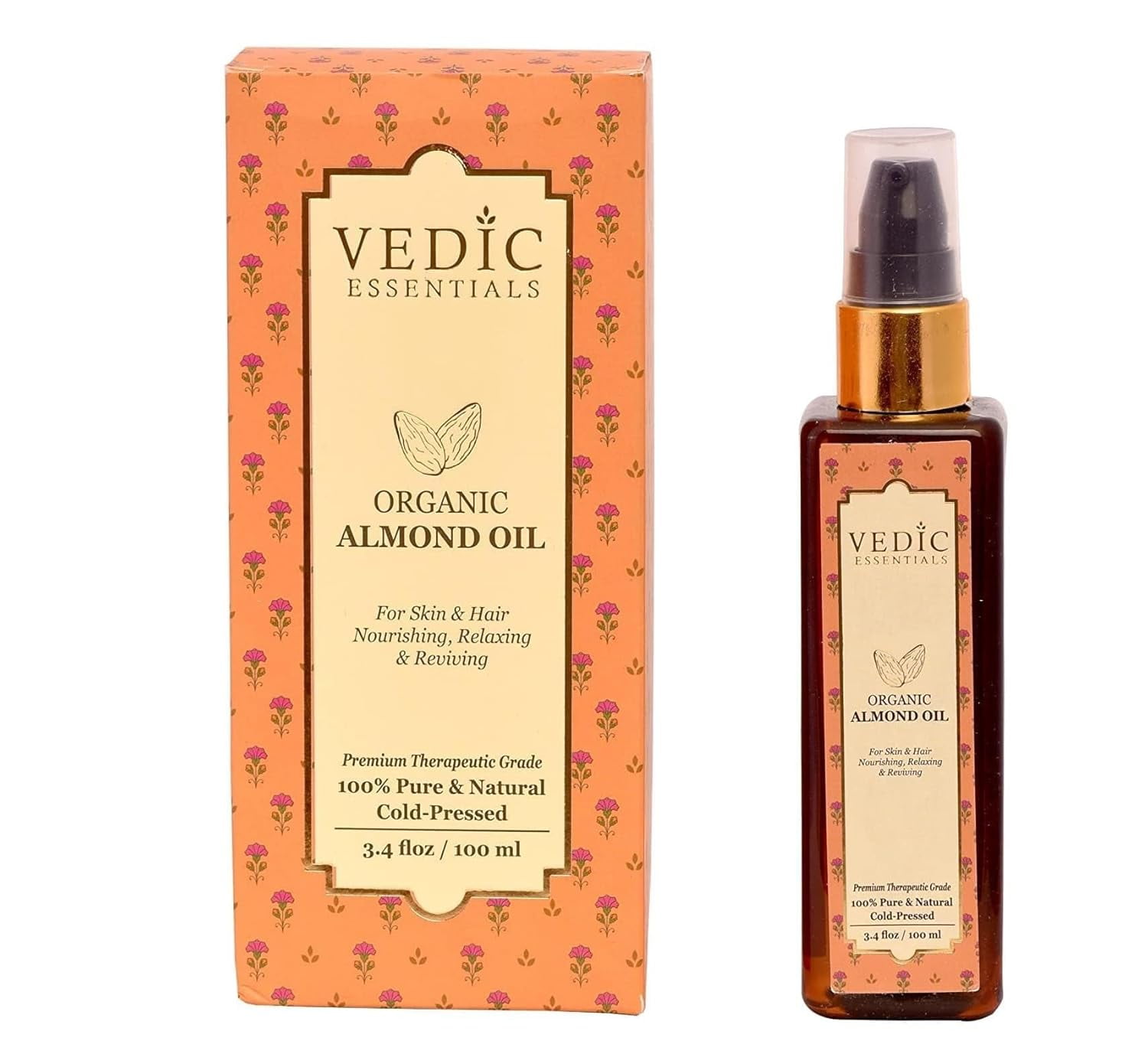 VEDIC ESSENTIALS Organic Almond Oil 100ml Pure Cold Pressed Almond Oil for Skin Moisturization ...
