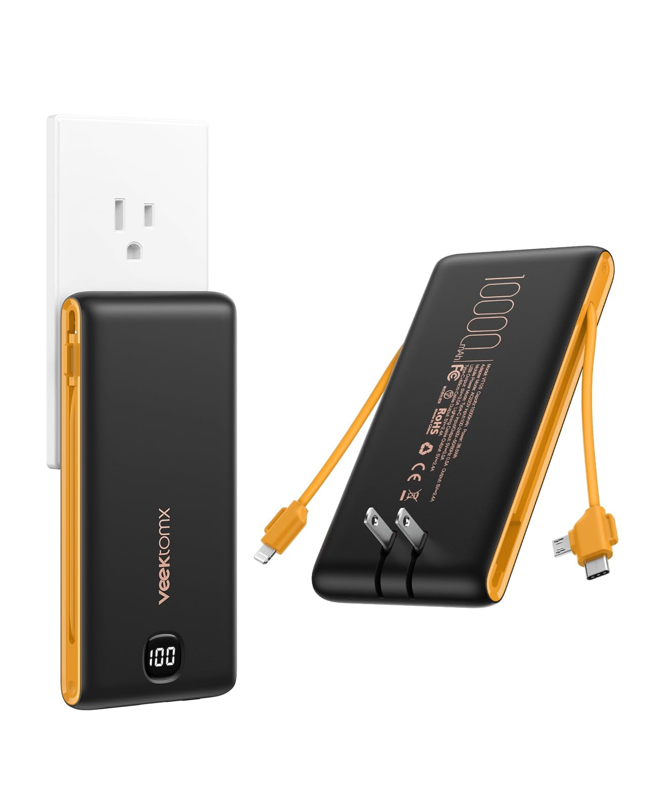 VEEKTOMX Portable Charger with Built in Cables 10000mAh, Power Bank for ...