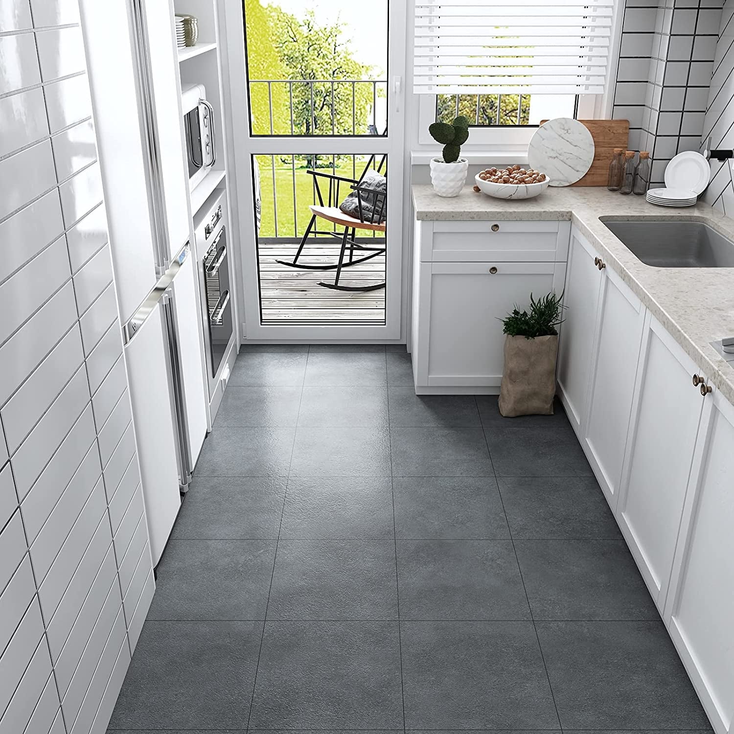 VEELIKE 12-Pack Matte Concrete Peel and Stick Kitchen Floor Tile Grey ...