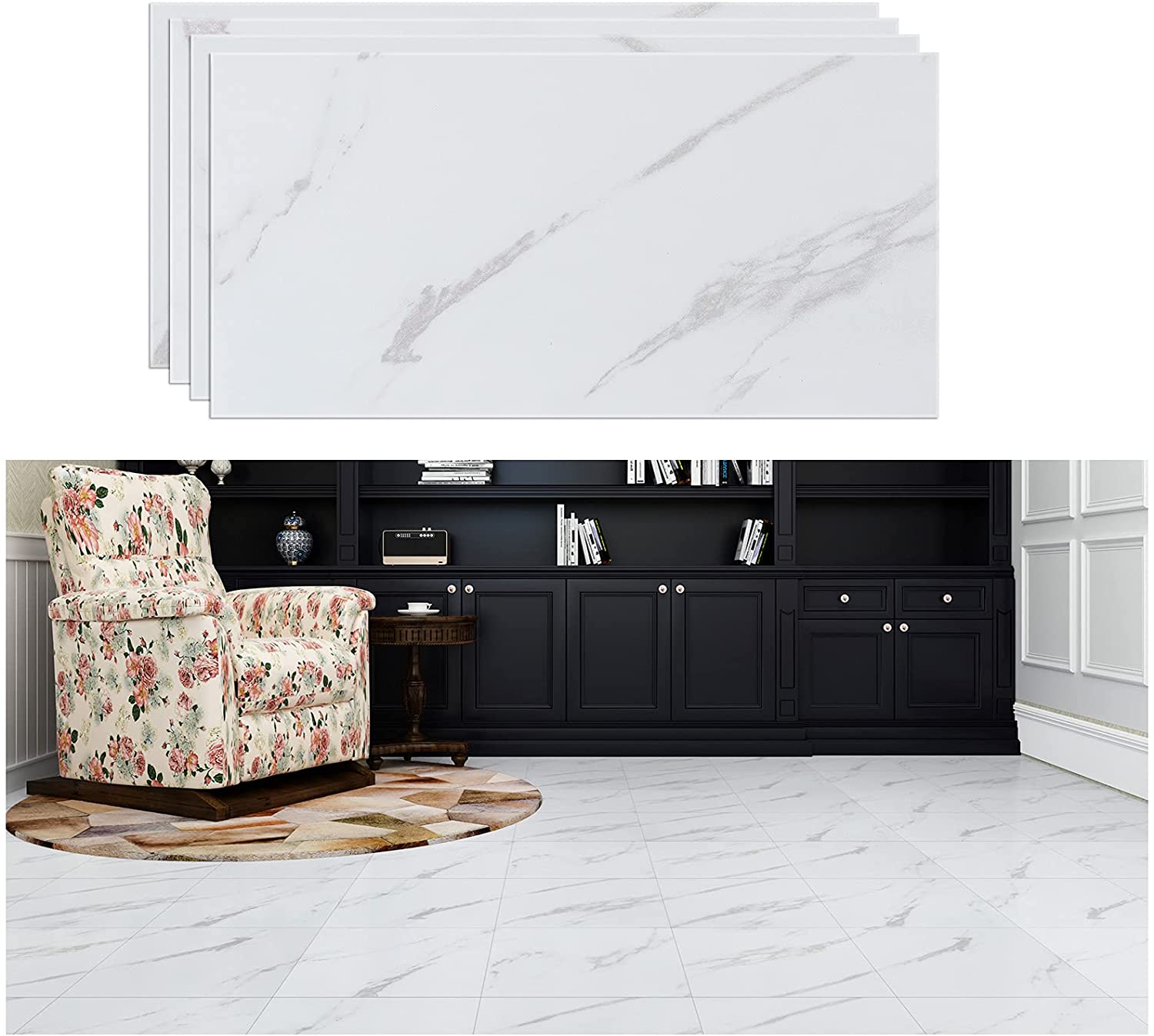VEELIKE 12"x24" Peel and Stick Floor Tile White Marble Waterproof ...