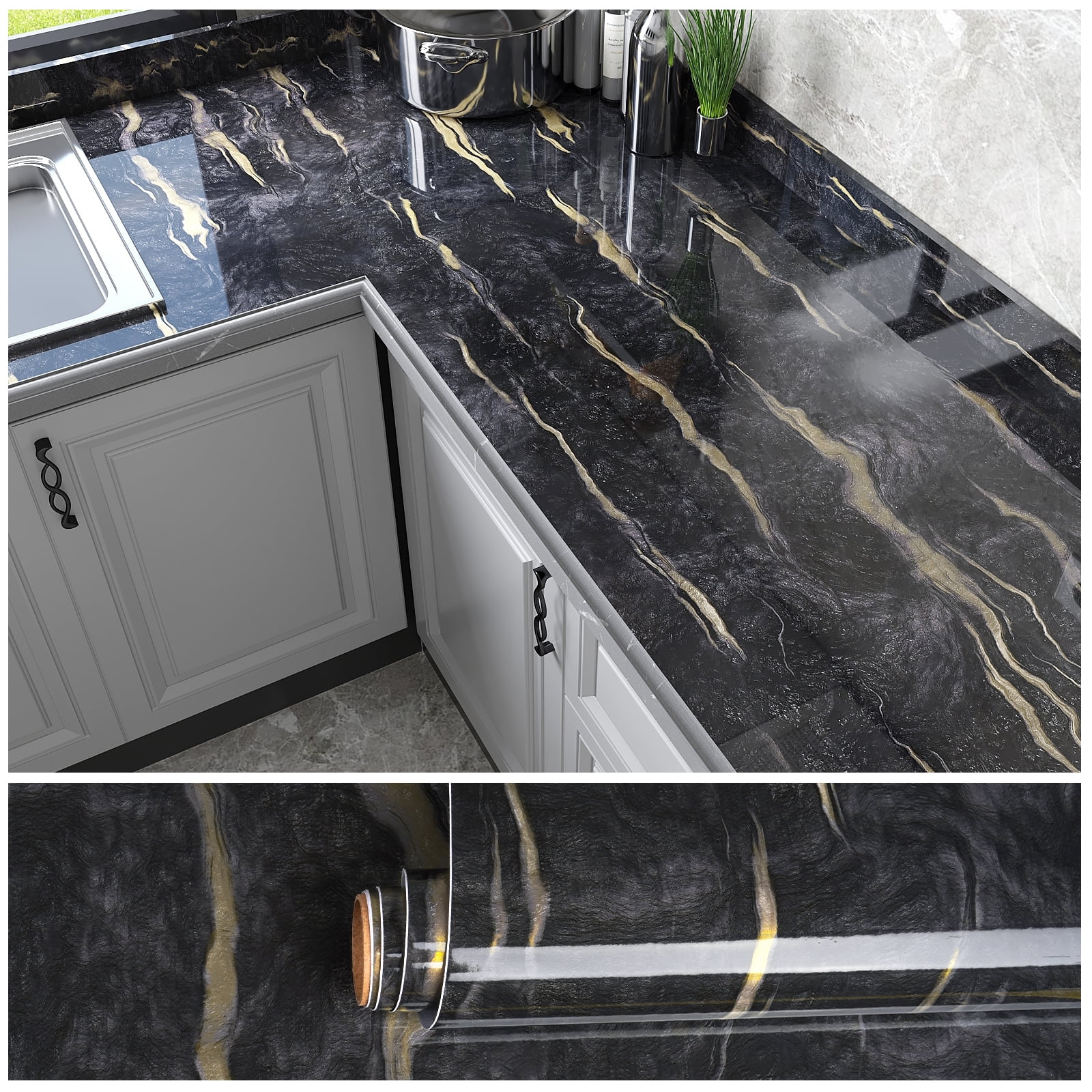 VEELIKE 15.7"x118" Black Gold Marble Contact Paper for Countertops ...