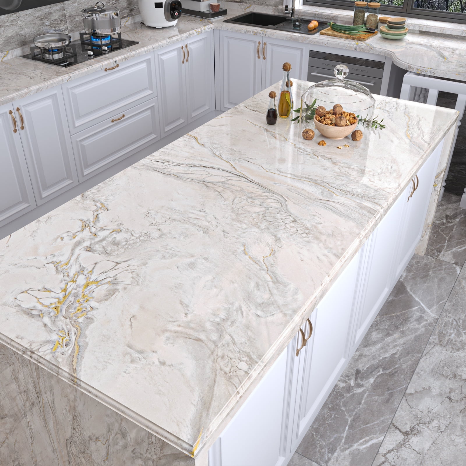 VEELIKE 15.7"x118" Cream Gold Marble Peel and Stick Countertop Self ...