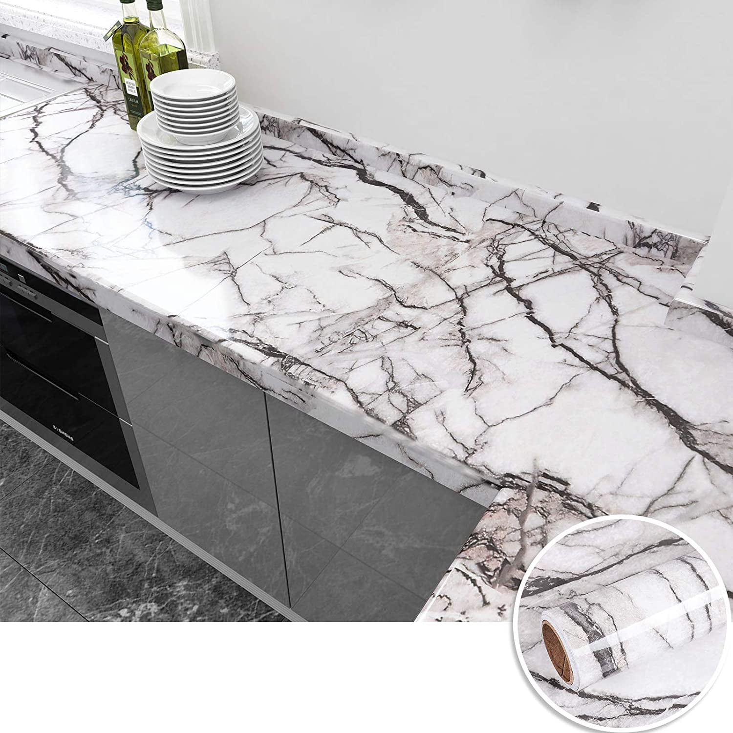 VEELIKE White Marble Vinyl Contact Paper 15.7''x118'' Waterproof, Oil ...