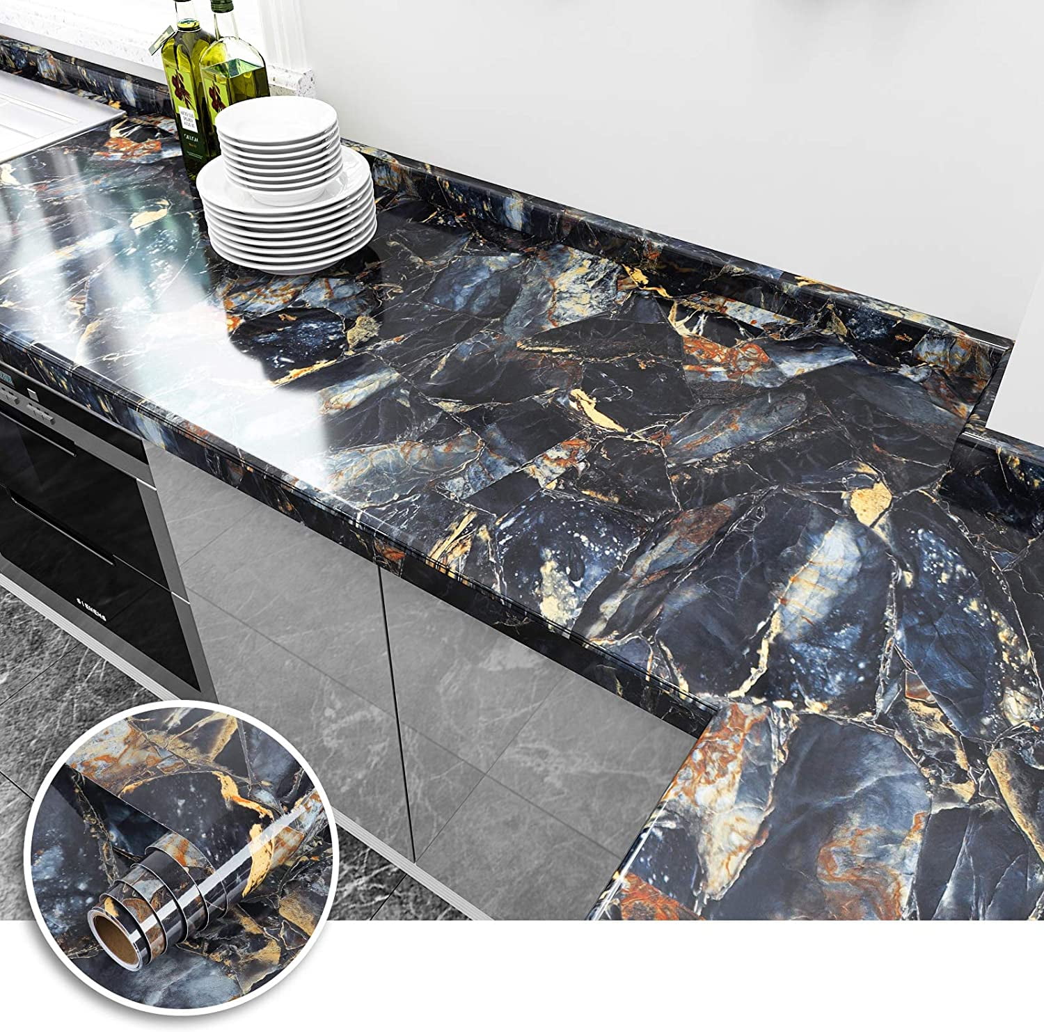 VEELIKE 15.7''x354'' Navy Blue Marble Contact Paper for Countertops ...