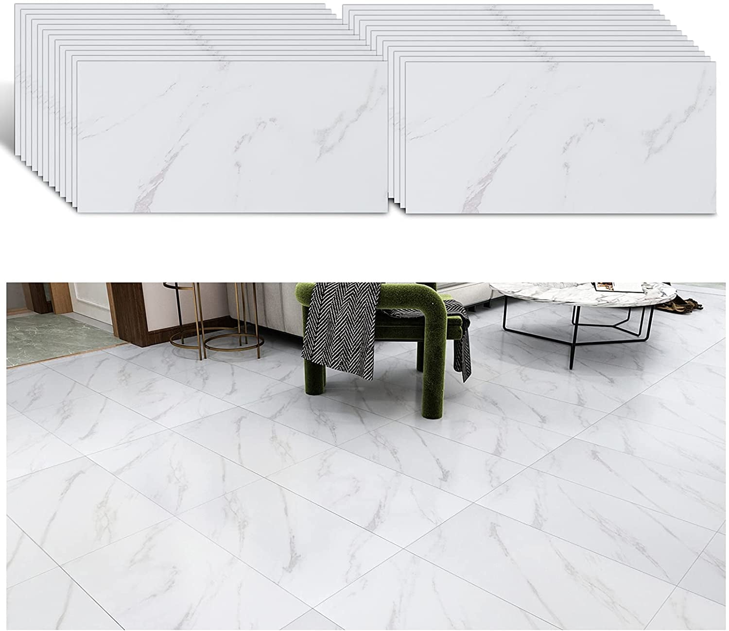 VEELIKE 24-Pack White Marble Vinyl Floor Tiles, 12"x24", Self-Adhesive ...