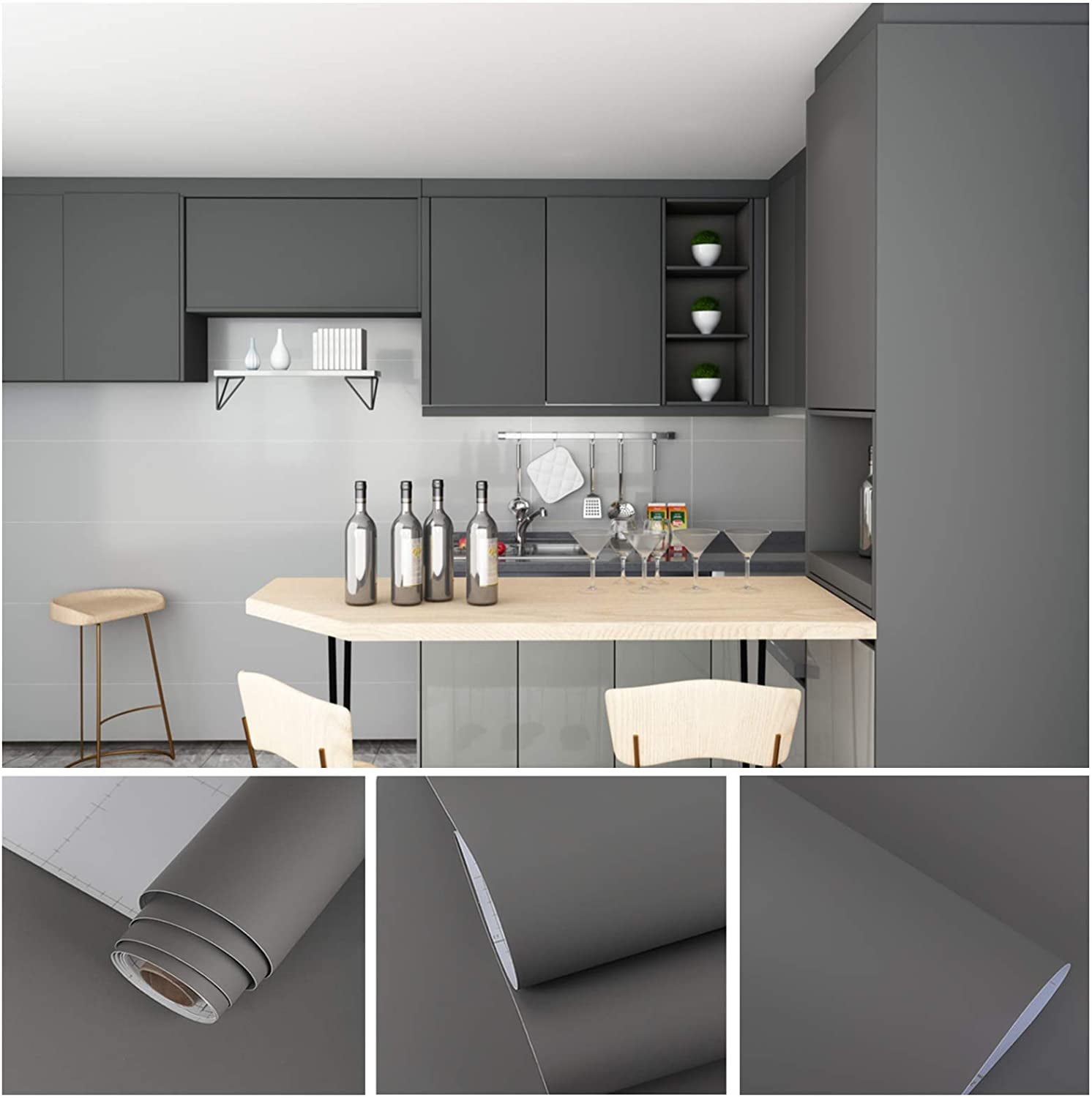 "VEELIKE Gray Contact Paper 15.7""×354"" Peel & Stick Waterproof Vinyl ...