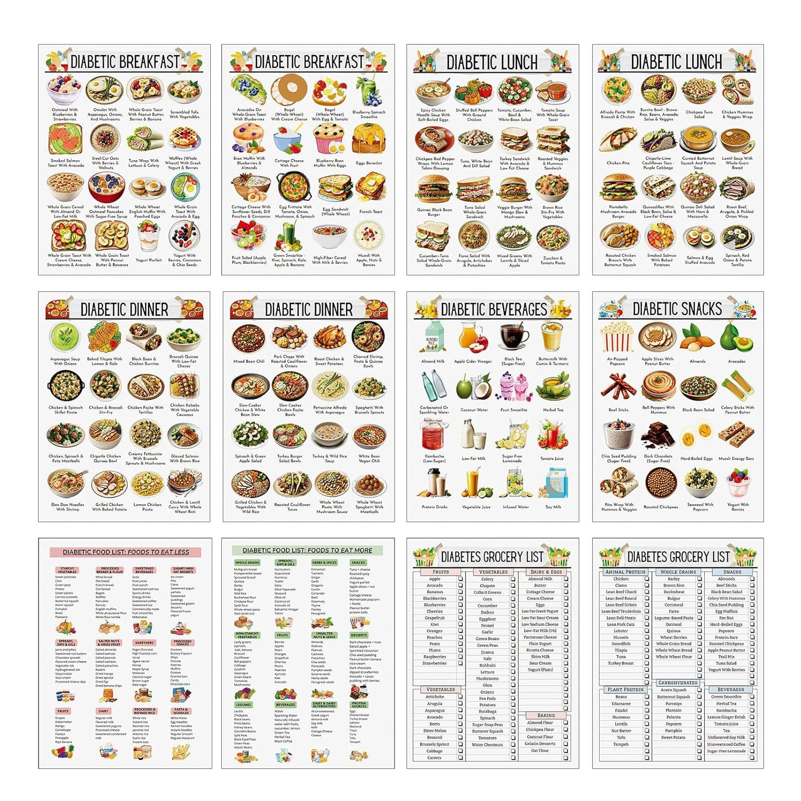 VEFSU Glycemic Index Food Guide Chart 2025,Set of 12 Low Carb List of ...