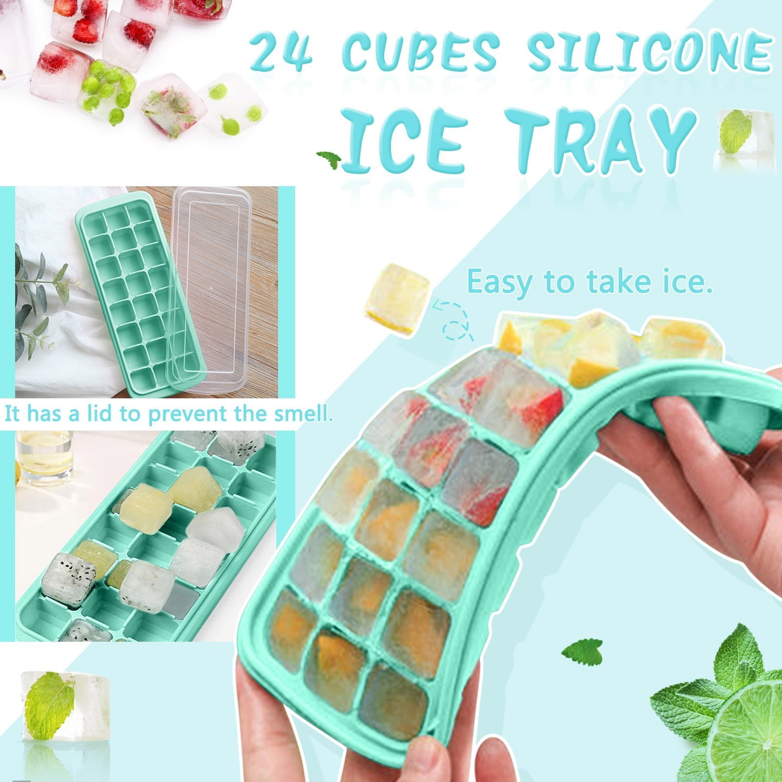 VEFSU Ice Cube Tray, 24 Cavity Silicone Square Ice Trays Easy Release ...