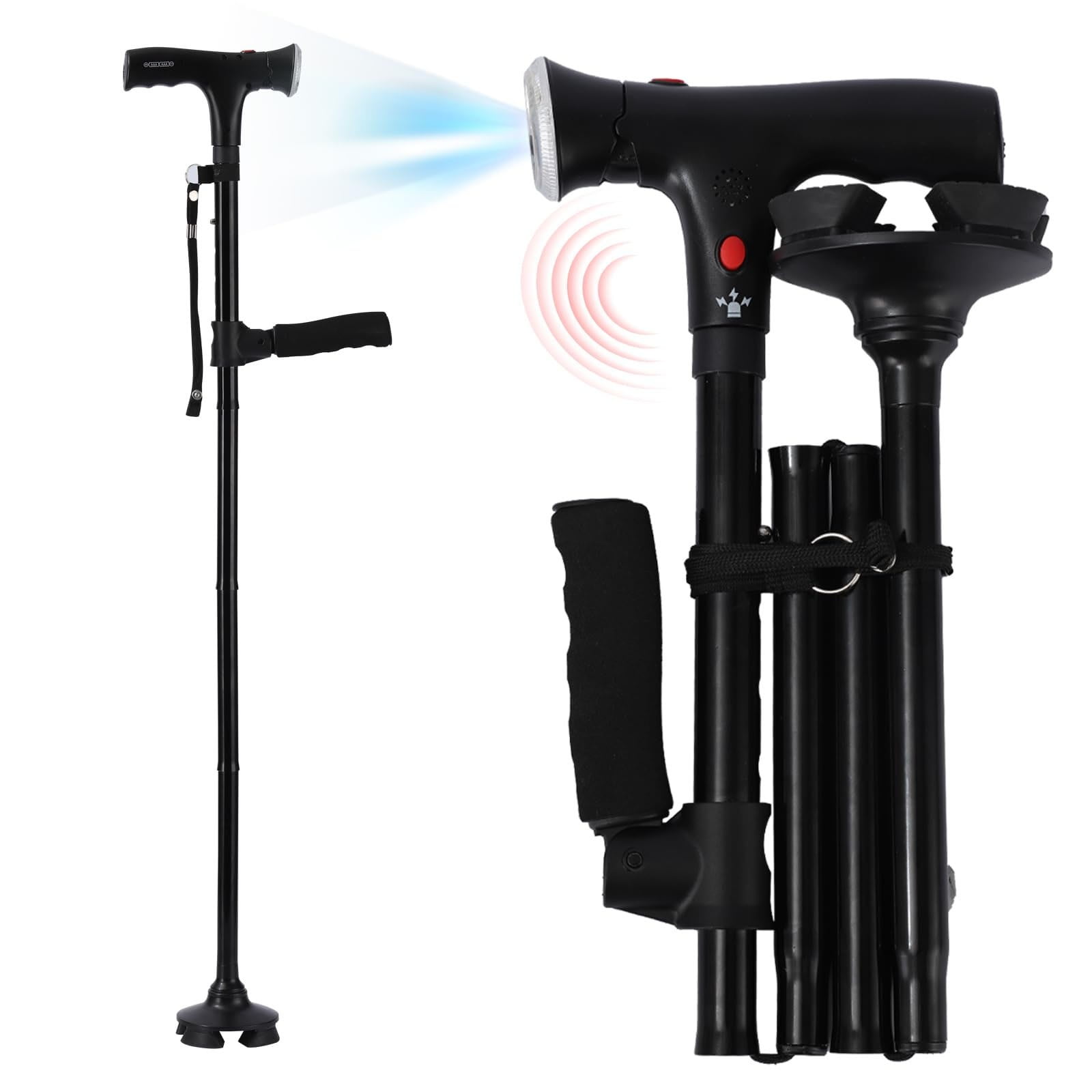 VEFSU Walking Canes,Folding Cane with Led Light and Alarm with Side ...