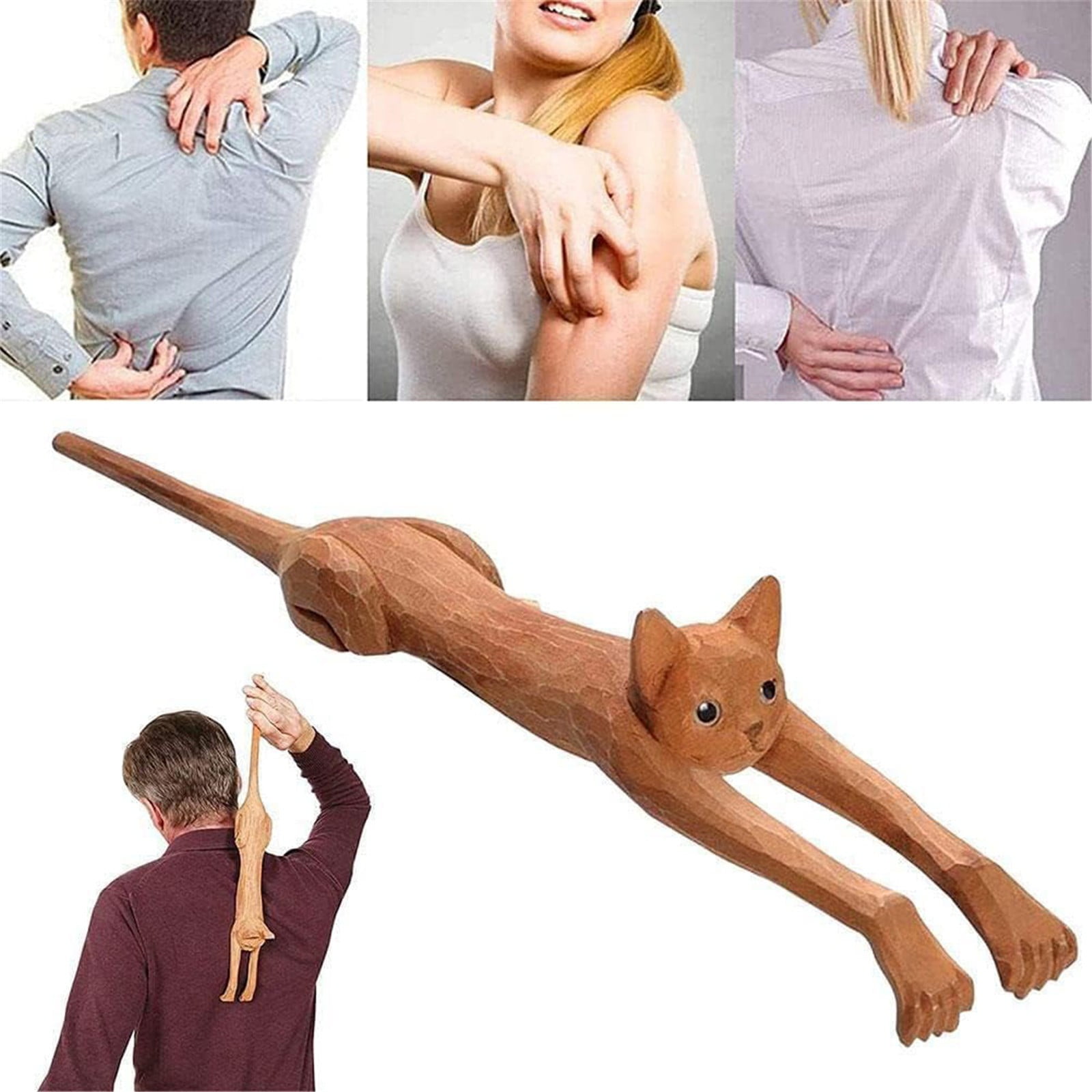 VEFSU Wooden Back Scratcher Cat Shaped Back Tickle Tool with Long ...