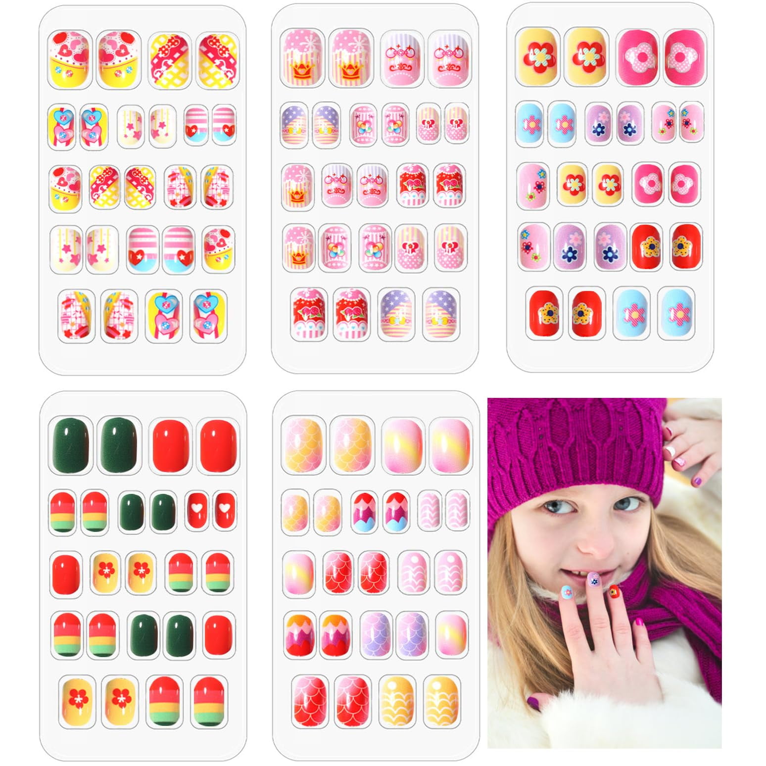 VEGCOO 120 Pieces Kids False Nails, Kids Stick On Nails Kids Press on ...