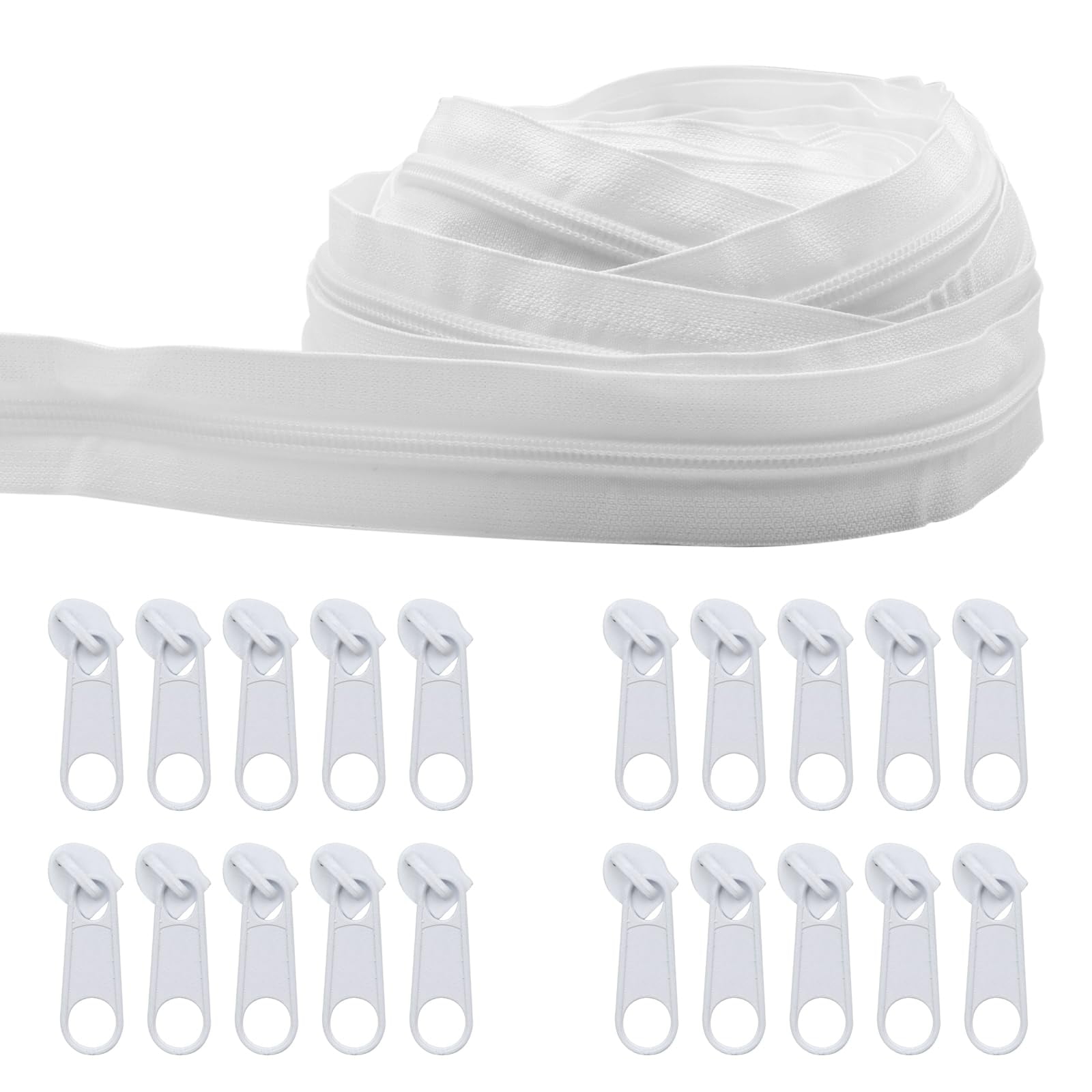 VEGCOO 14m White Cuttable Nylon Zipper, 20 Durable Sliders, Sewing ...