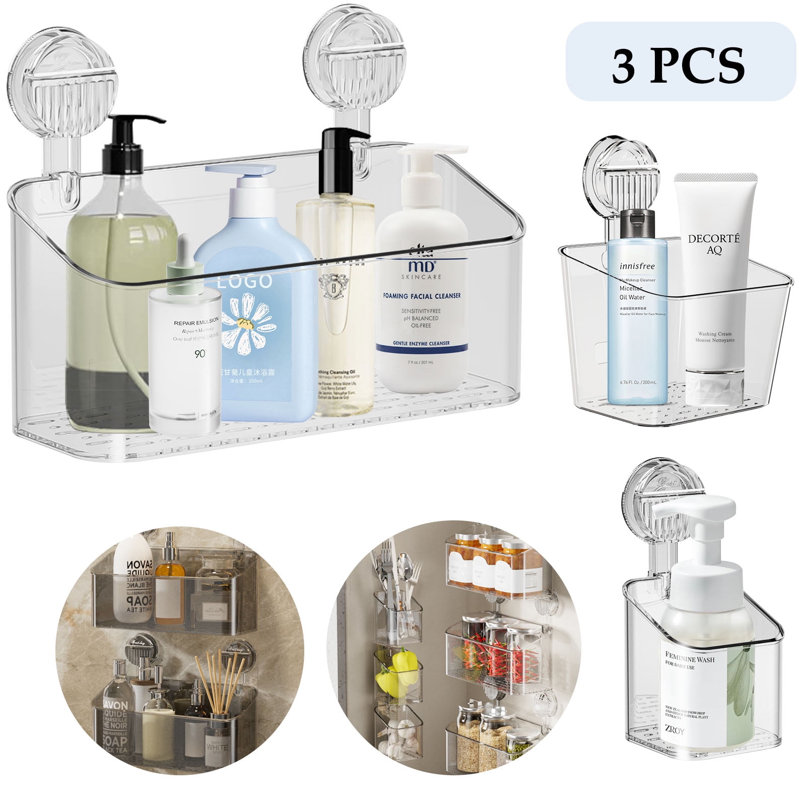 VEGCOO 3-piece suction cup shower rack, no drilling required, one ...