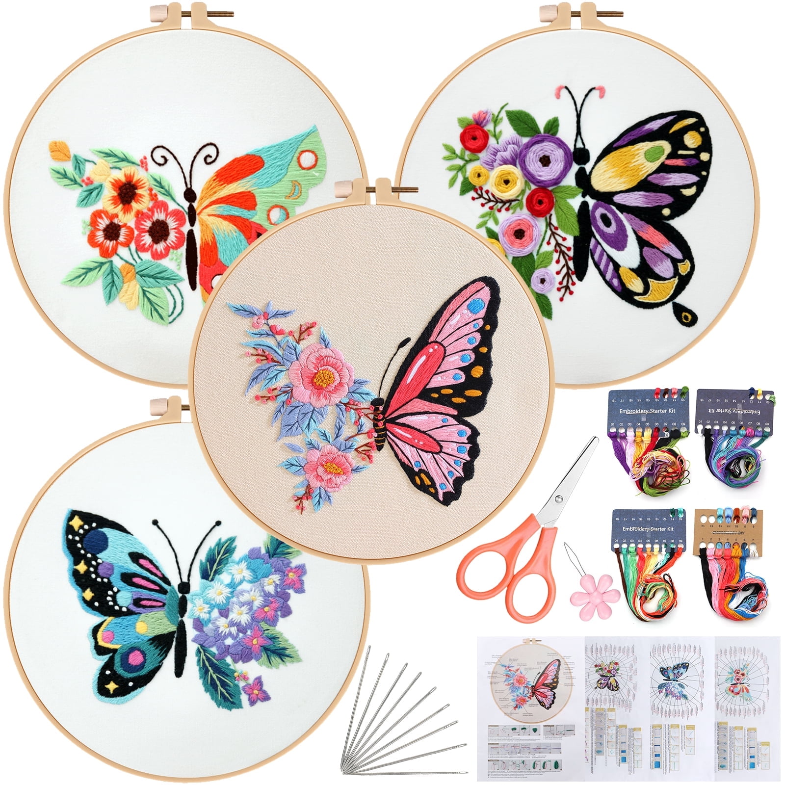 VEGCOO 4 Pack Embroidery Starter Kit for Beginners, Butterfly Flower Patterns, Complete Tools ...